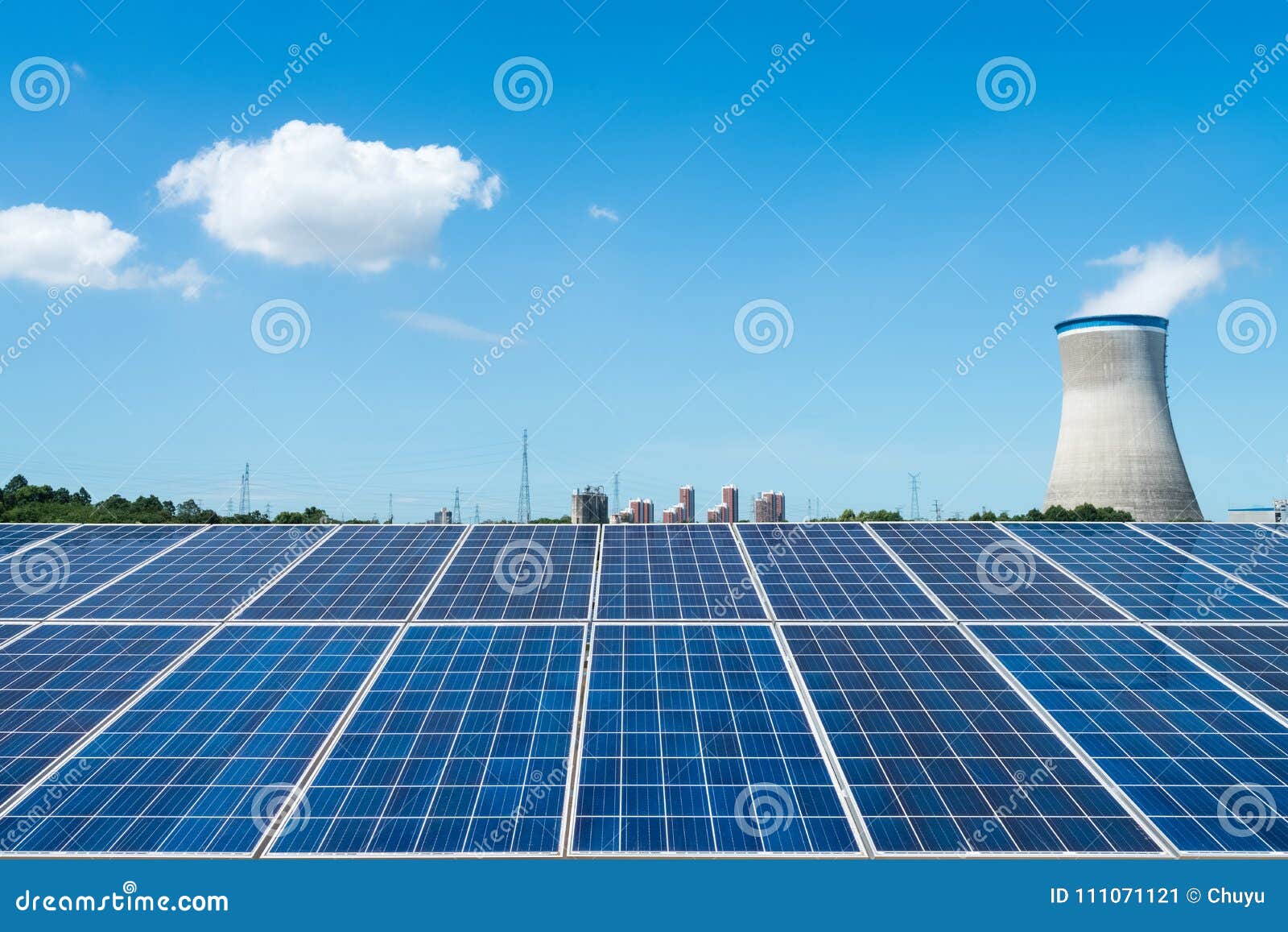 Solar Panel and Cooling Tower Stock Image - Image of plant, electricity ...