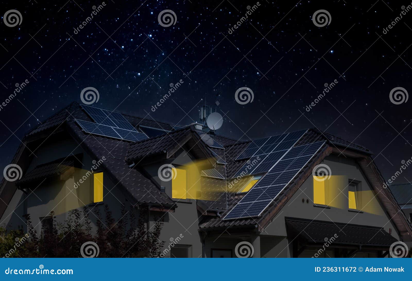 Night View of a Beautiful House with Solar Panels Stock Photo - Image ...