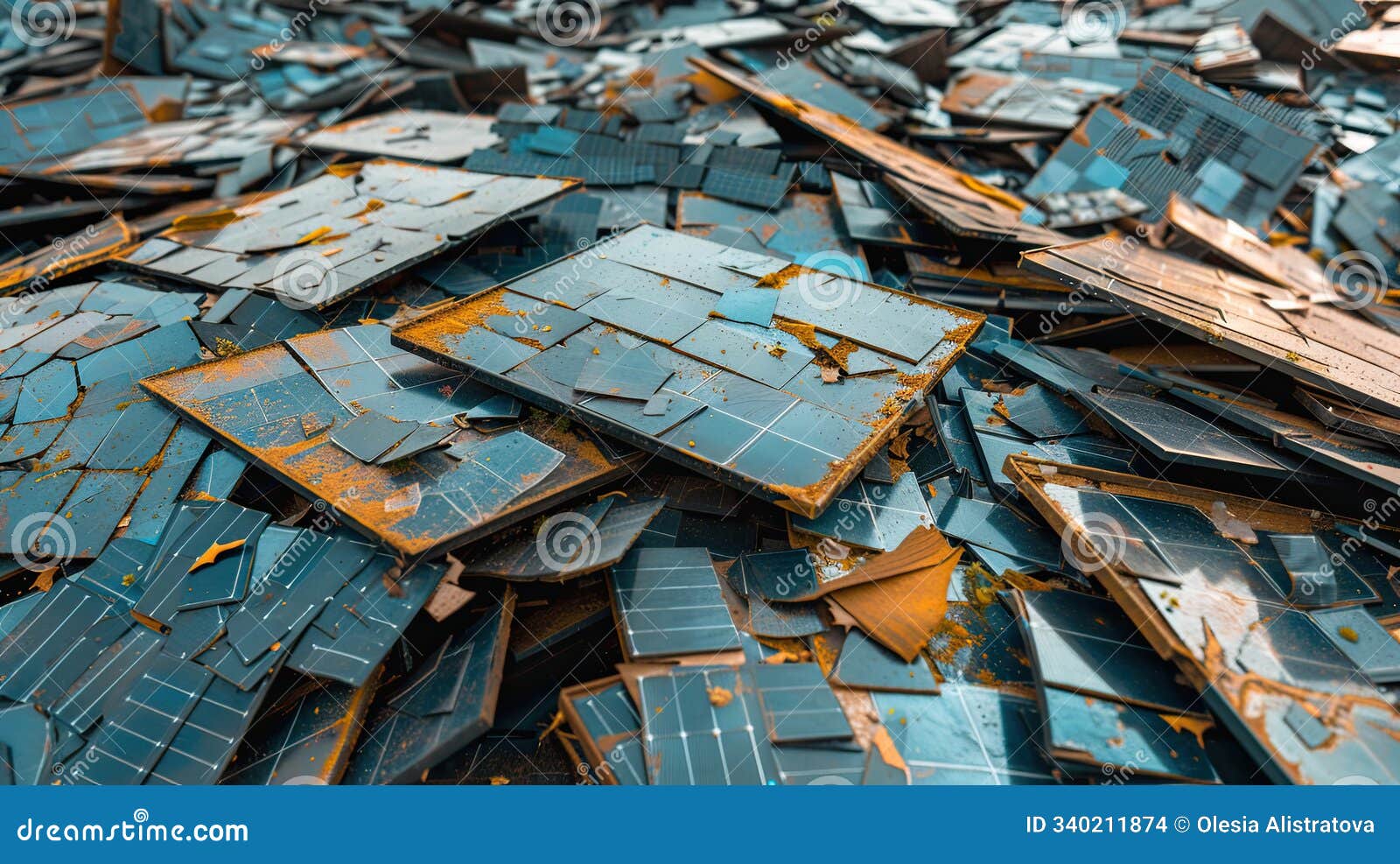 Solar Panel Debris. a Heap of Shattered Solar Panels, Showcasing the ...