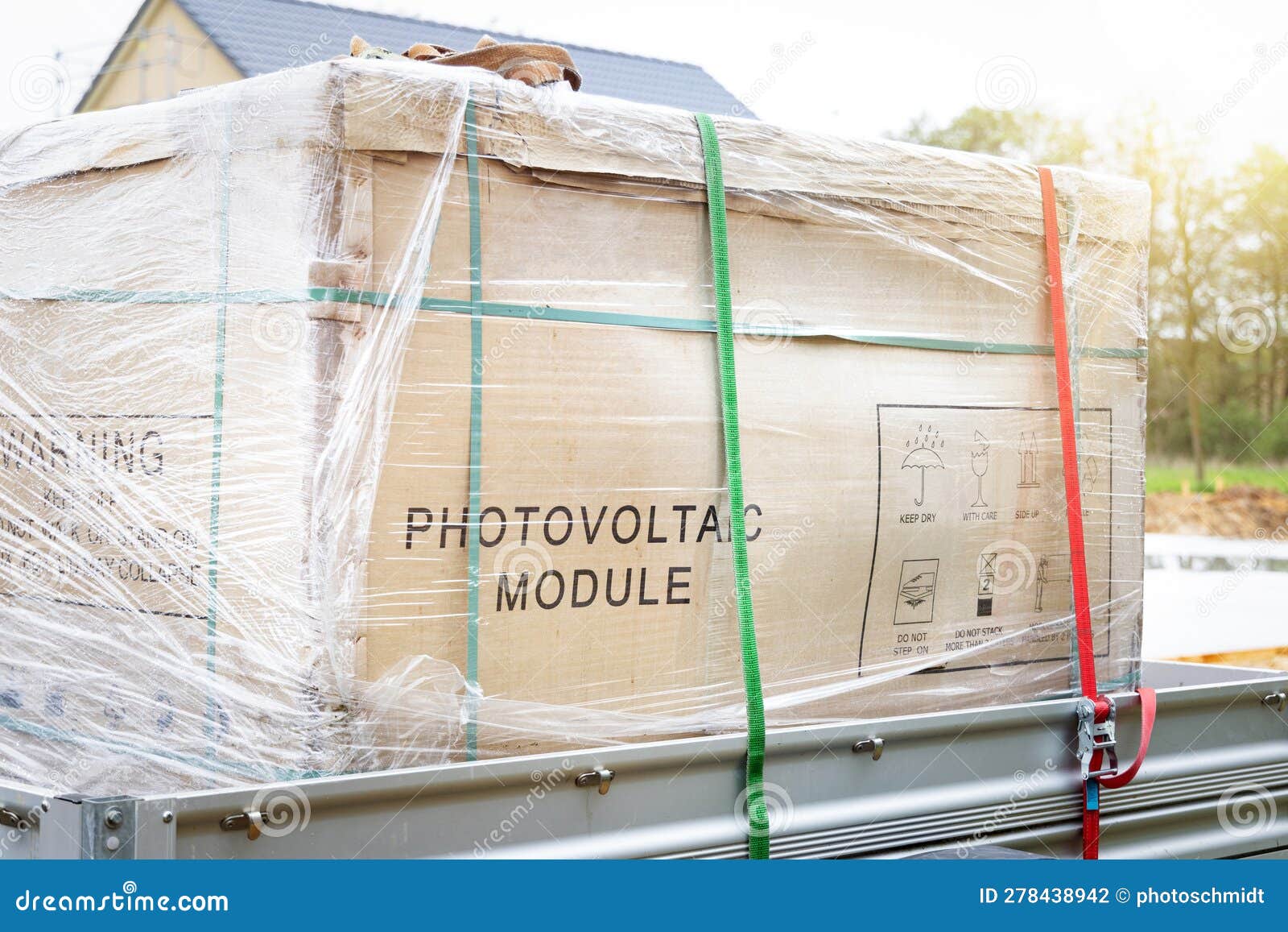 Solar Panel Delivery Box on a Trailer Stock Photo - Image of strap ...