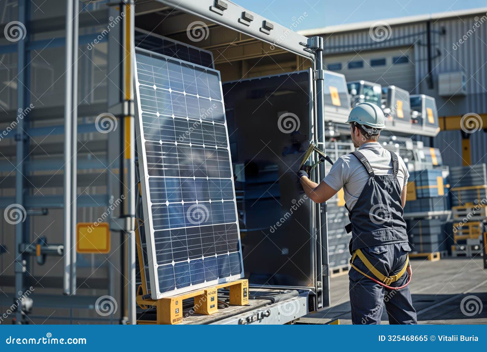 Solar Delivery: Worker Unloading Solar Panels from Truck, Generative Ai ...