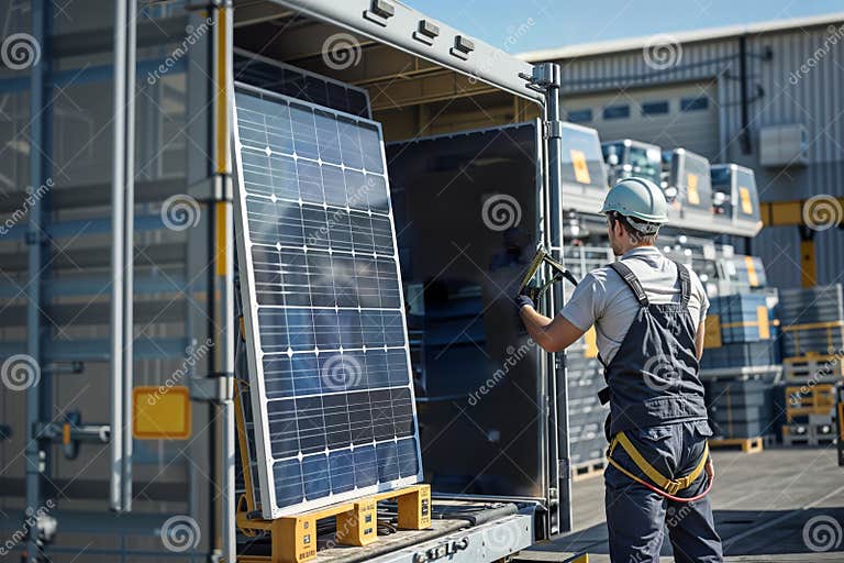 Solar Delivery: Worker Unloading Solar Panels from Truck, Generative Ai ...