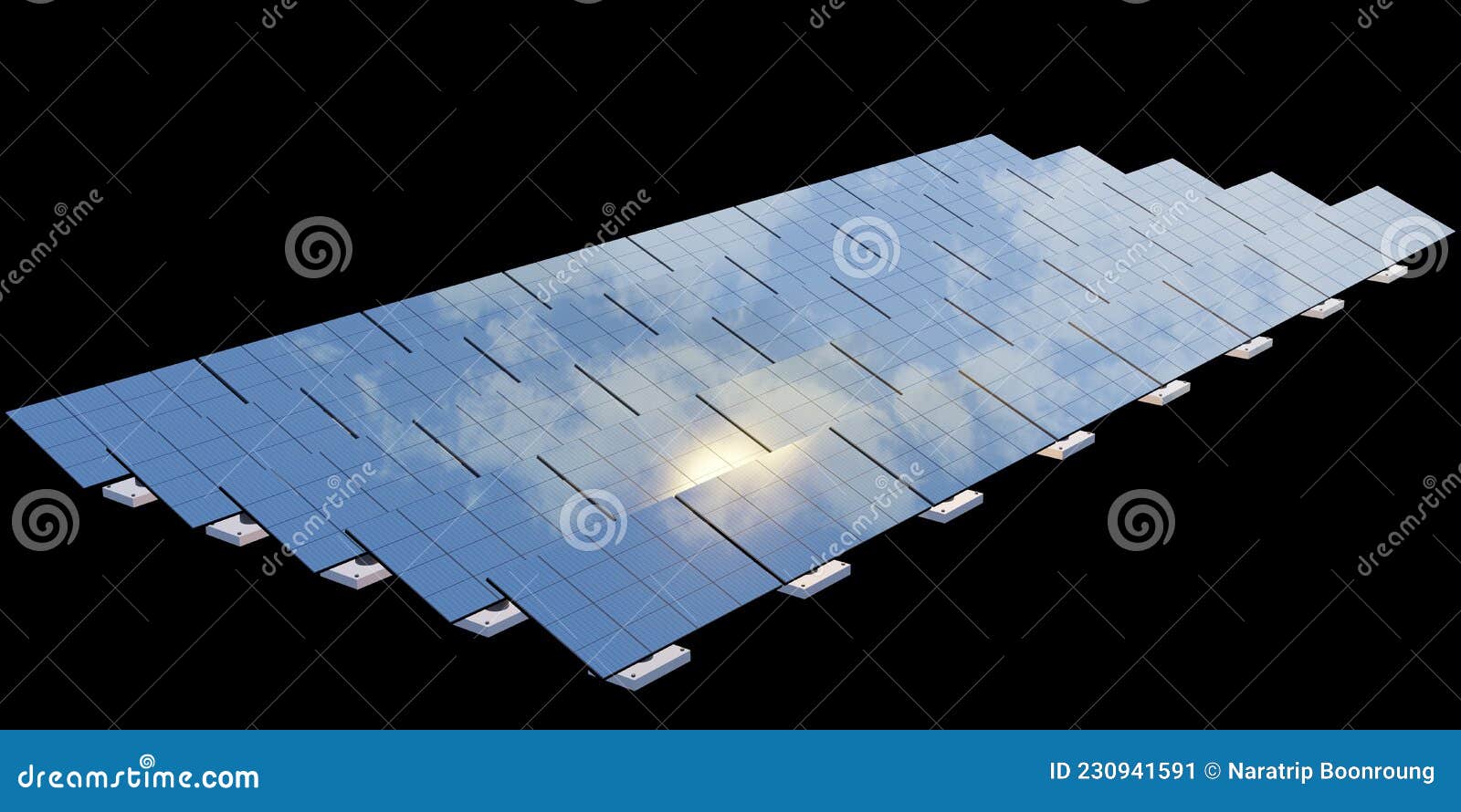 Solar Panel Solar Energy Reflection with Sky and Clouds 3D Illustration ...