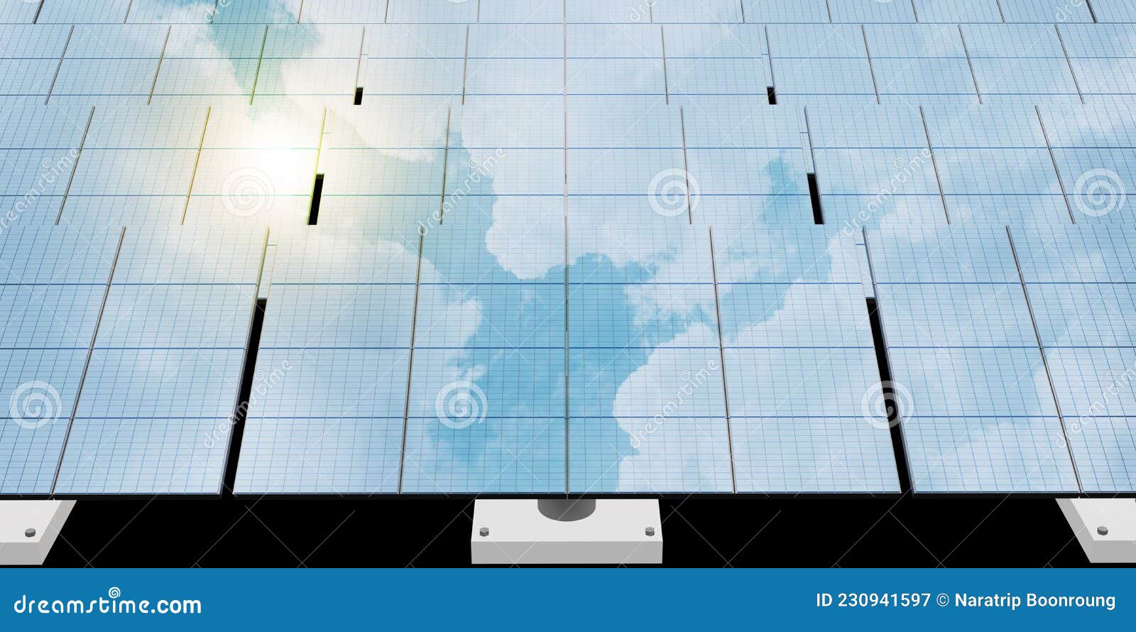 Solar Panel Solar Energy Reflection with Sky and Clouds 3D Illustration ...