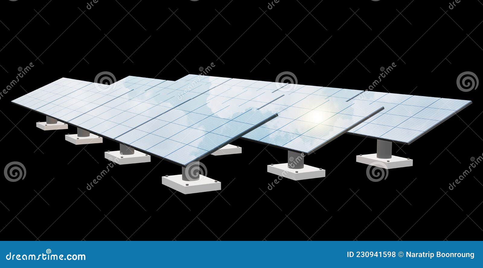 Solar Panel Solar Energy Reflection with Sky and Clouds 3D Illustration ...