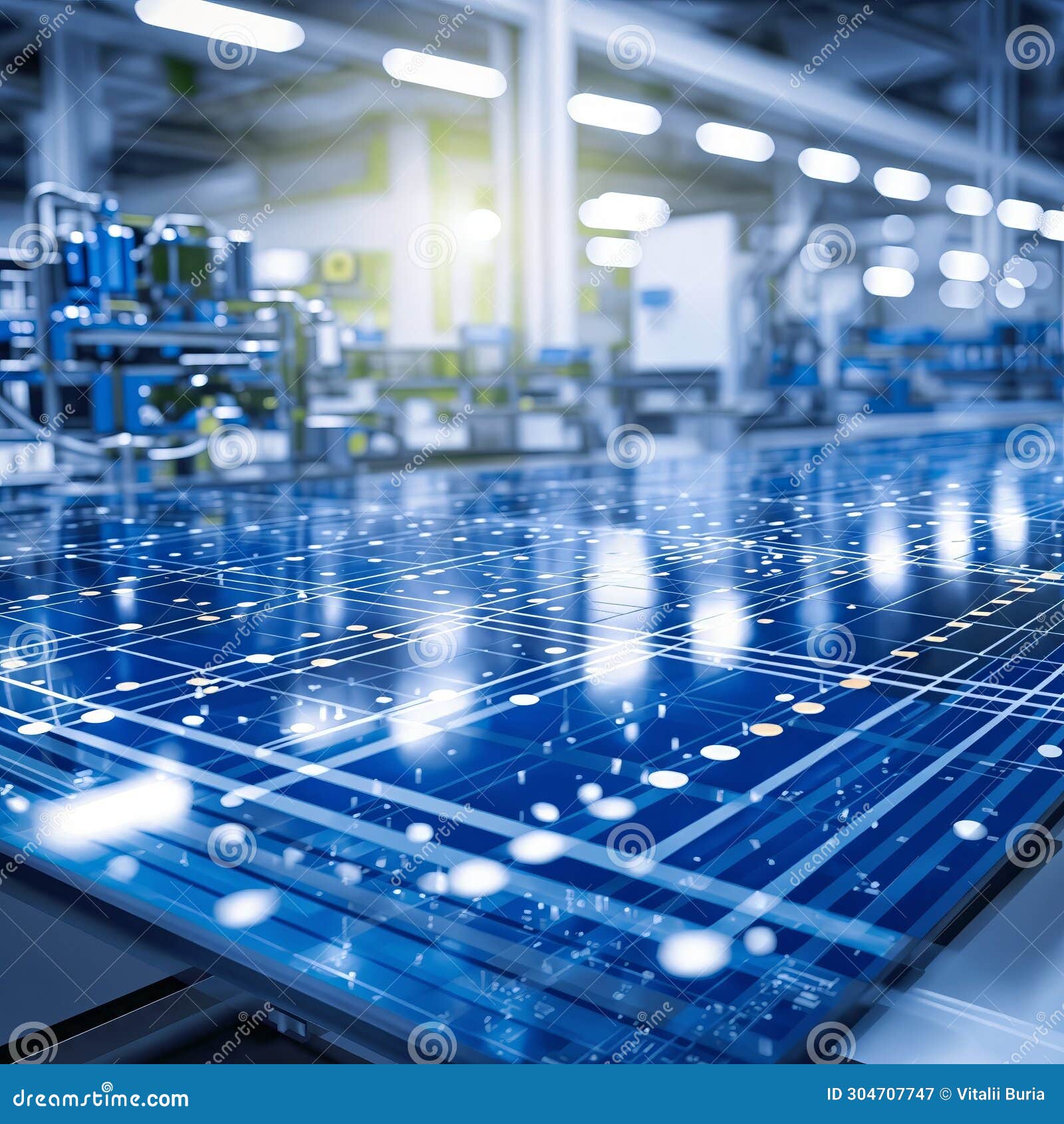 A Solar Panel Factory Scene Includes a Blue Circuit Board and ...