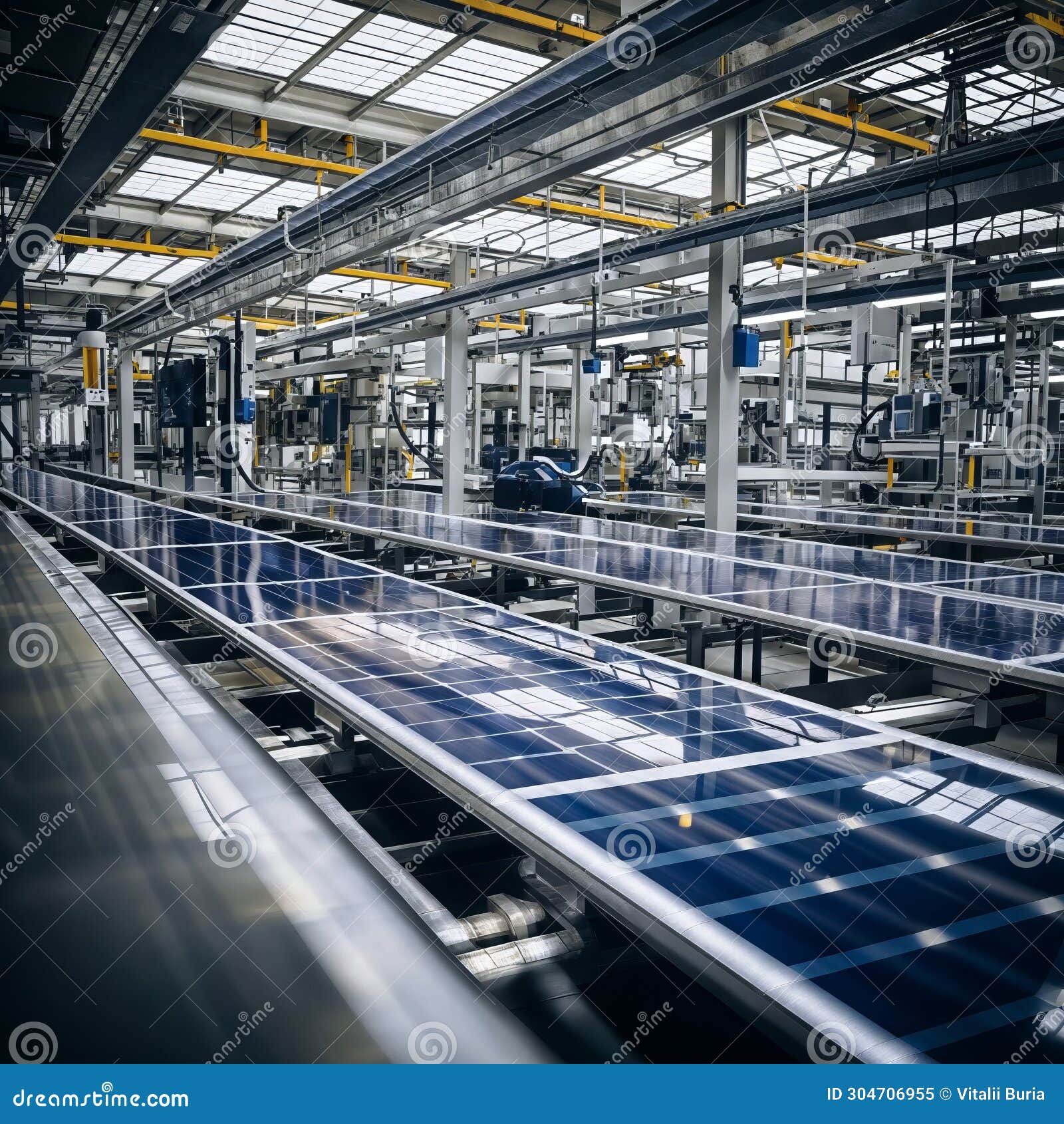 A Solar Panel Factory Displays Shiny Panels on Conveyor Belts in Motion ...