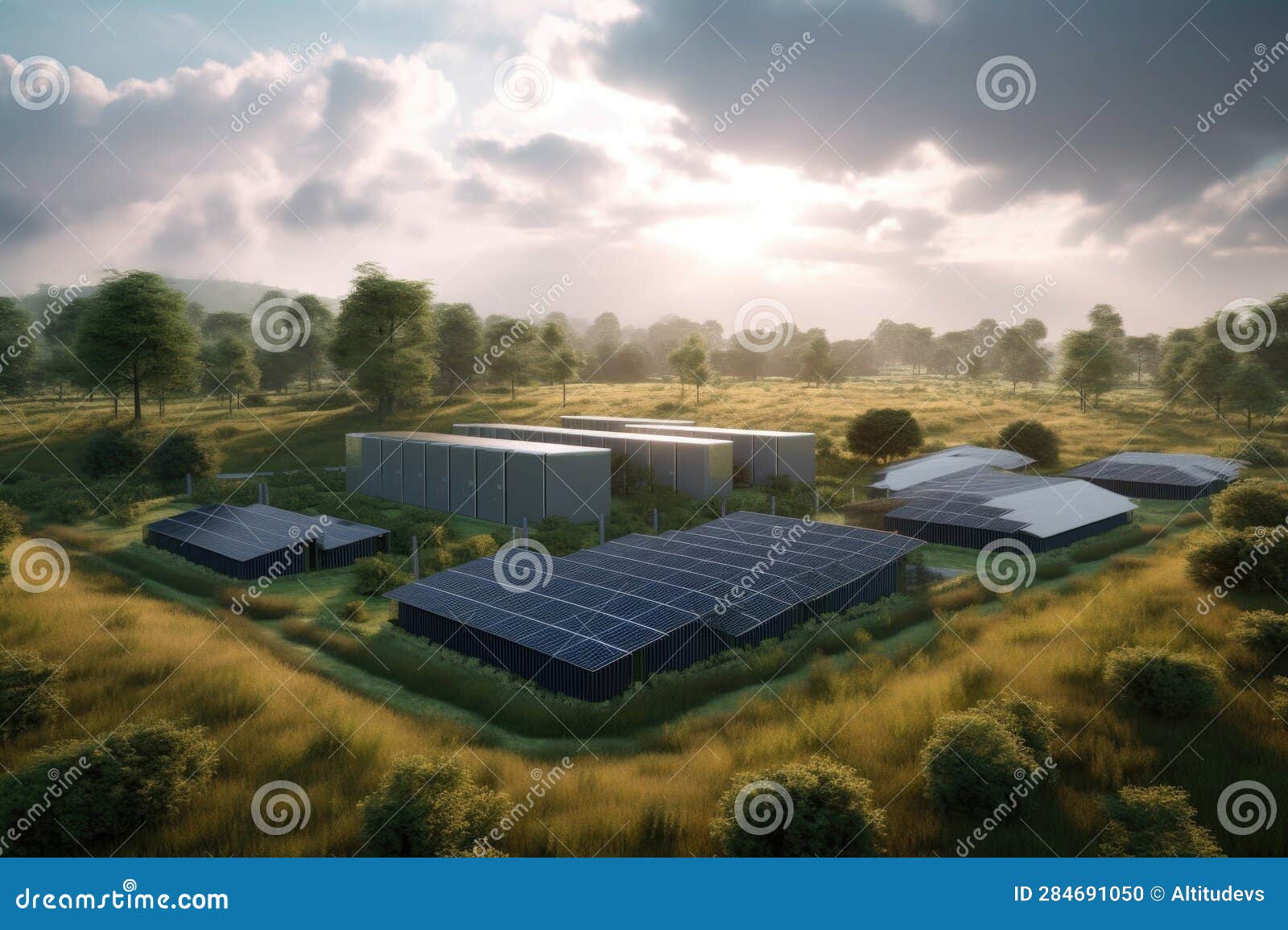 Solar Panel Farm with Battery Storage Units Stock Illustration ...