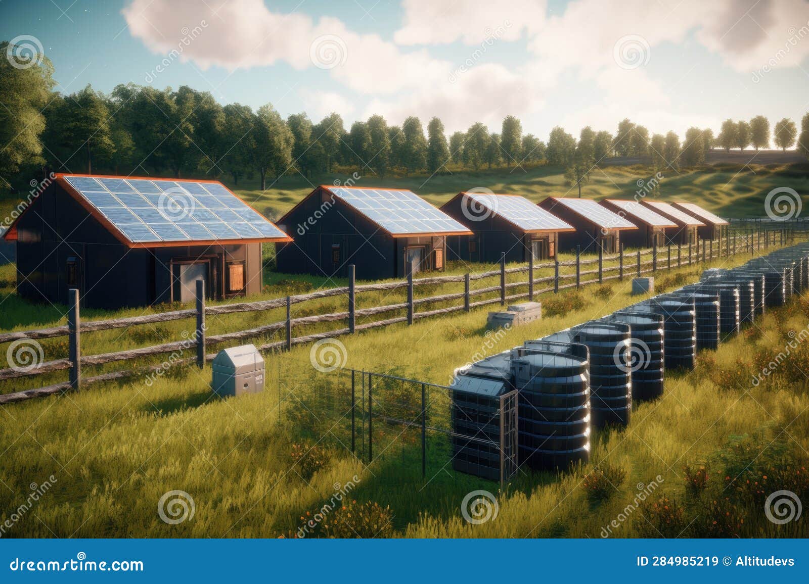 Solar Panel Farm with Battery Storage Units Stock Illustration ...