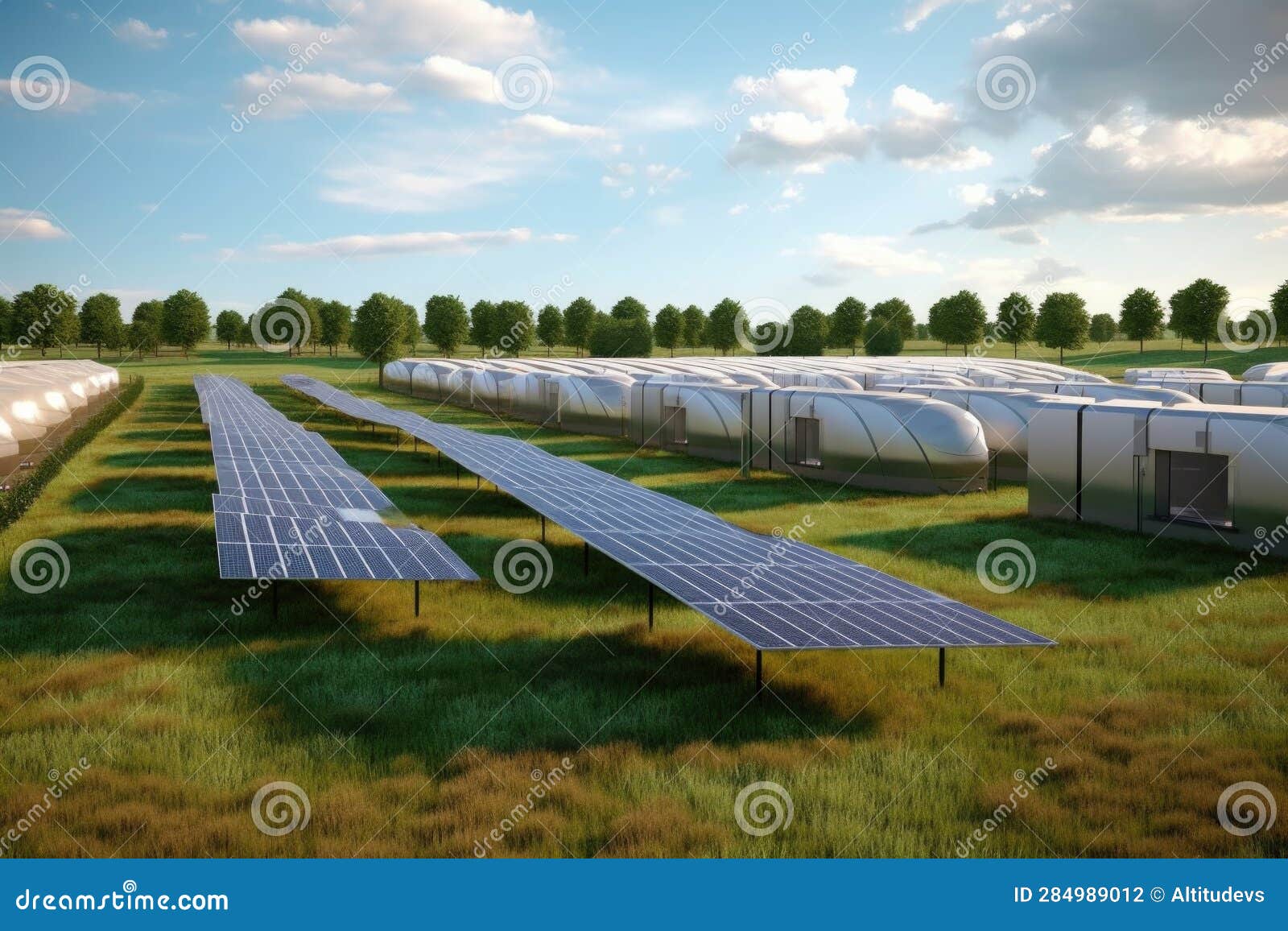 Solar Panel Farm with Battery Storage Units Stock Illustration ...