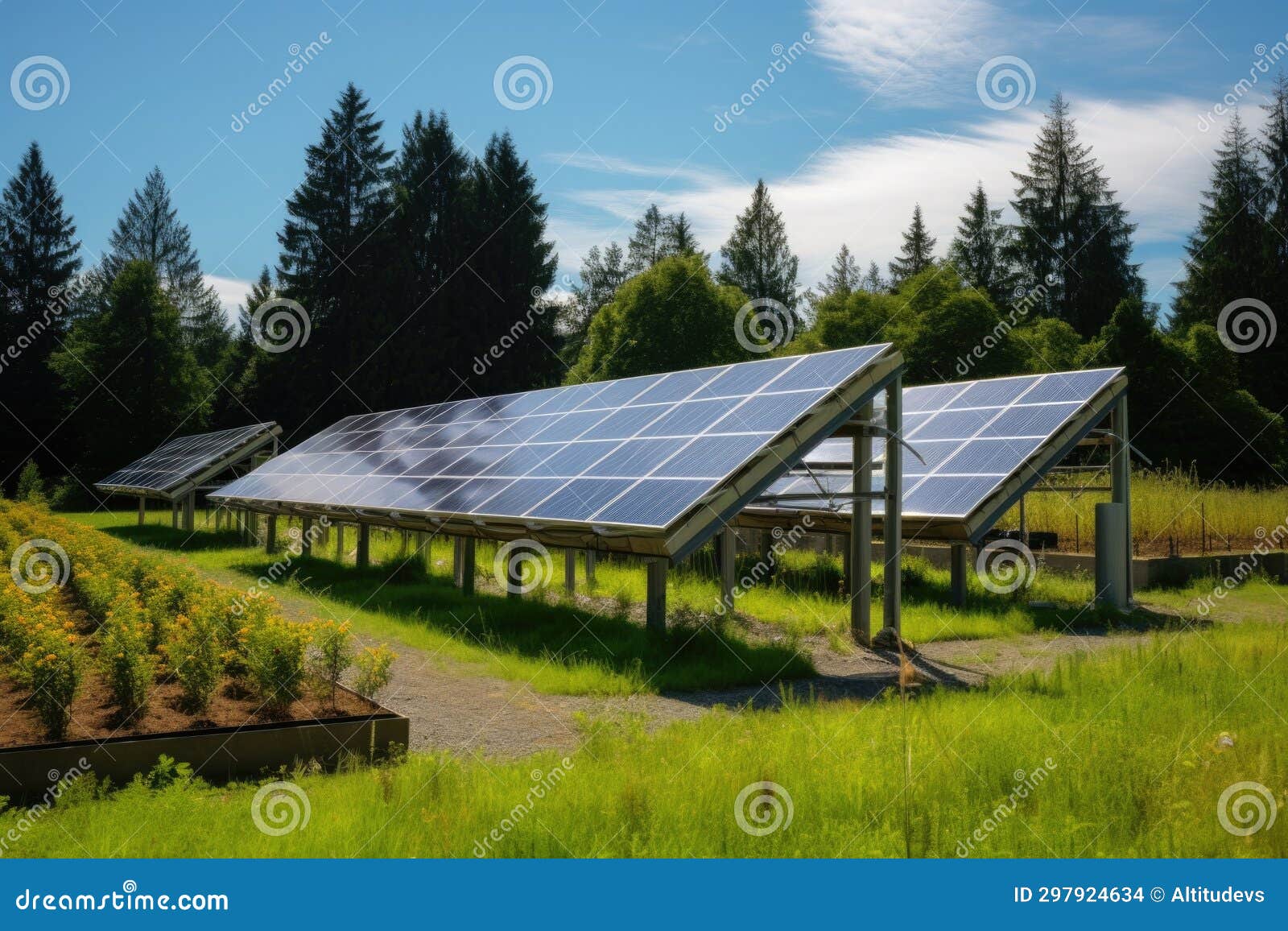 Solar Panel Farm Near a Modern Architectural Structure Stock Photo ...