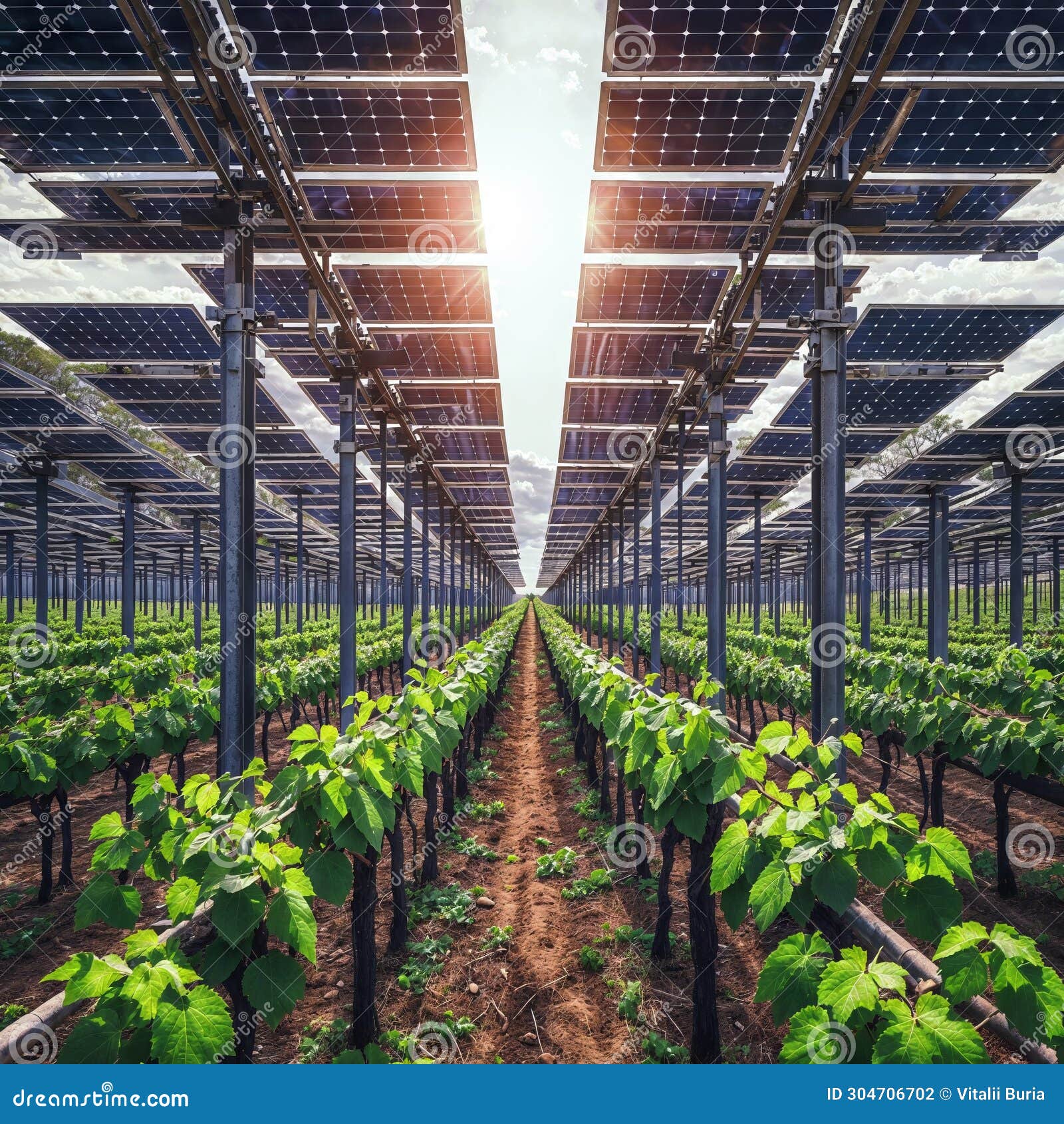 A Vineyard Foregrounds a Solar Panel Farm with Neatly Arranged Rows of ...