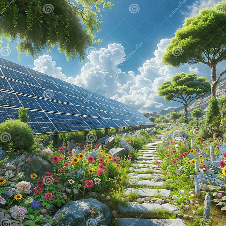 A Solar Panel Field Features a Pathway Surrounded by Wildflowers, Trees ...