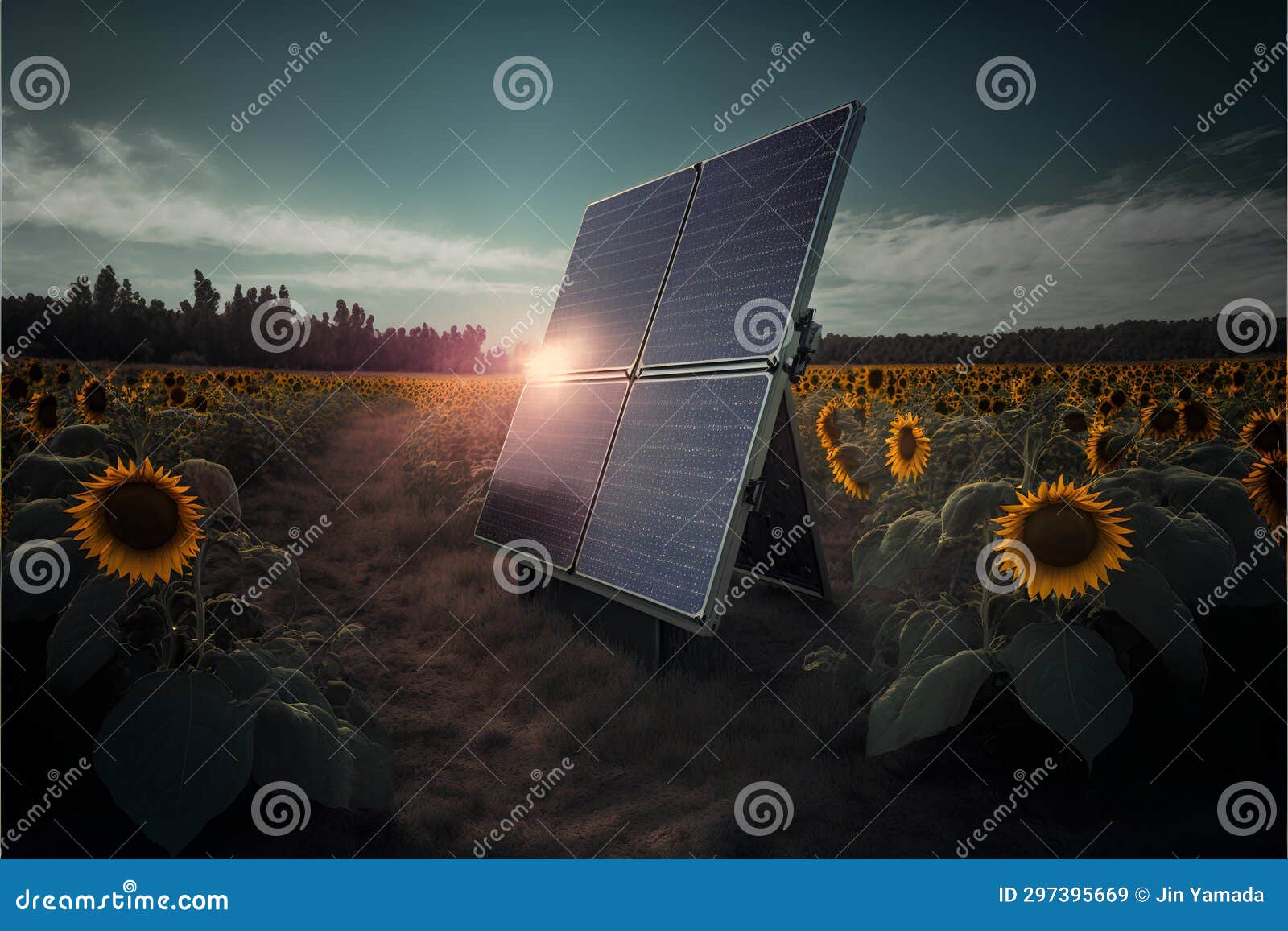 Solar Panel in the Field of Sunflowers. 3d Render Stock Illustration ...