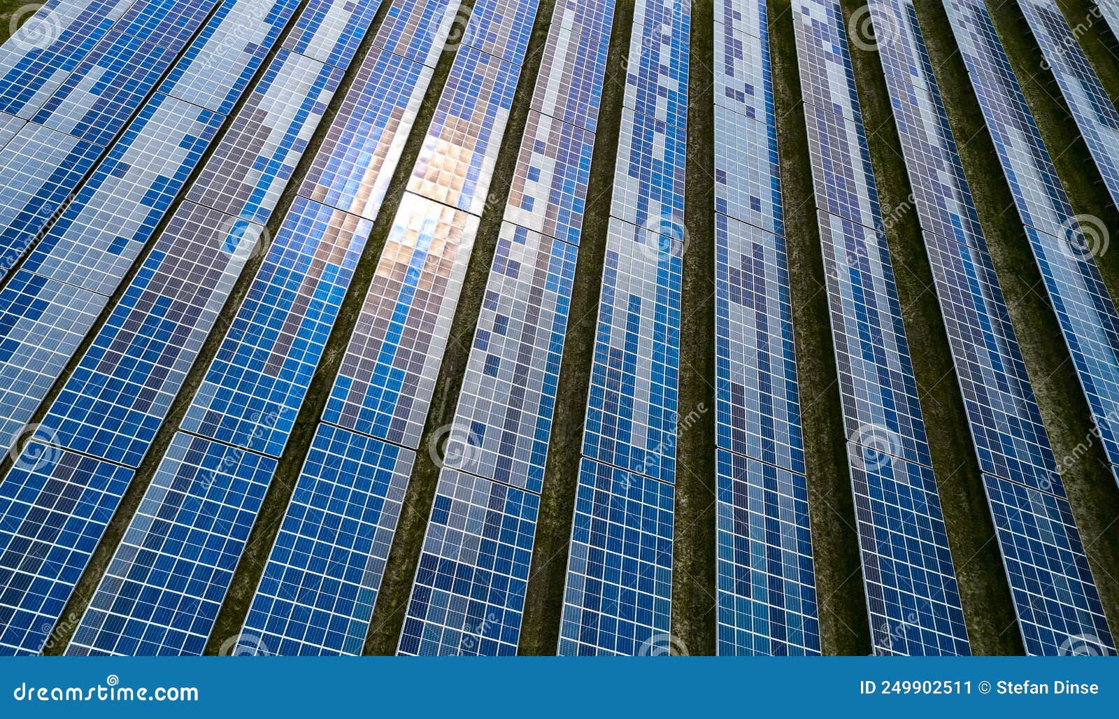 Solar Panel Field at Work with Sun Reflection Stock Image - Image of ...