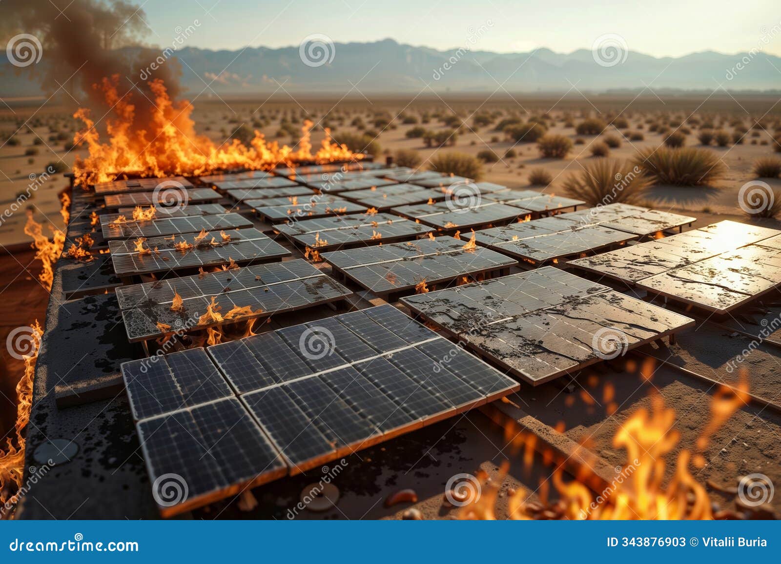Desert Fire Disaster: Solar Panels Engulfed in Flames, Generative Ai ...