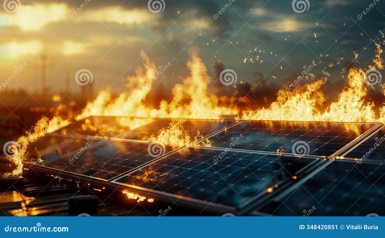 Solar Panel Field Engulfed in Flames at Sunset, Generative Ai Stock ...