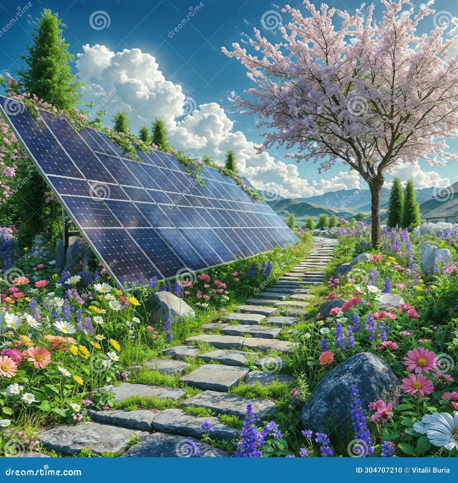 A Solar Panel Amidst a Garden with Blooming Flowers, Trees, and a Stone ...