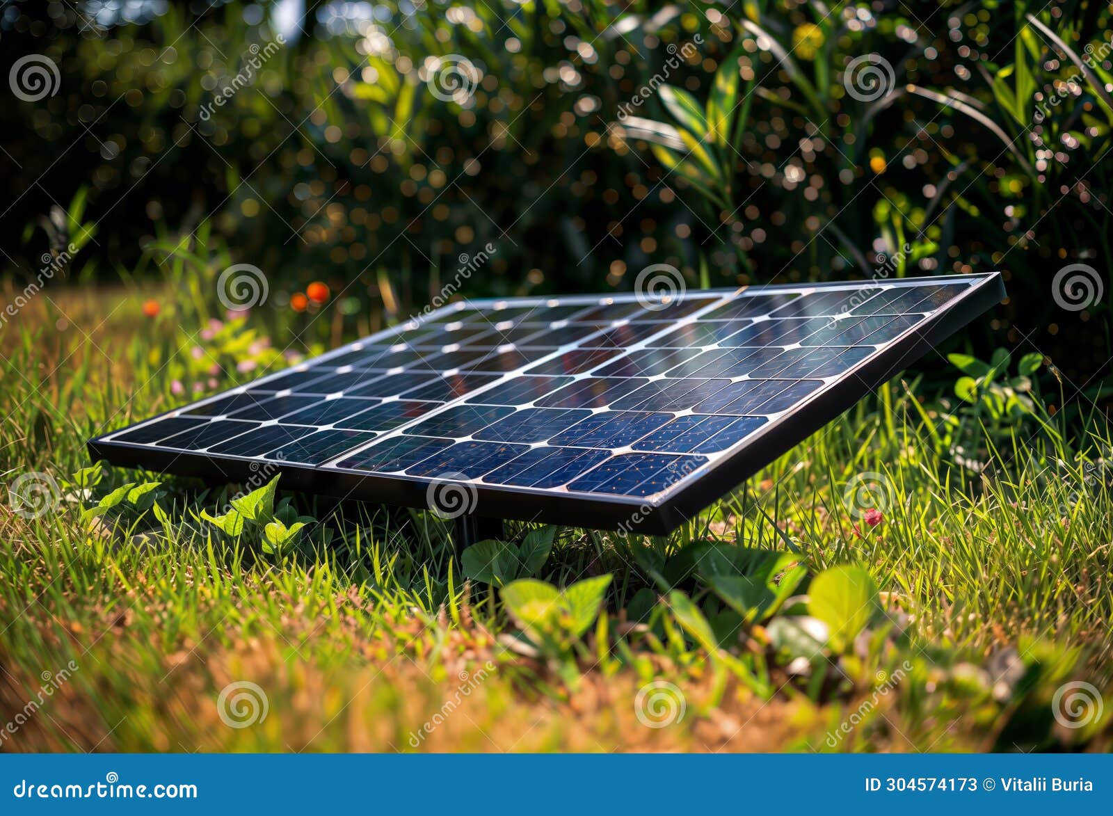 Solar Panel on the Grass in the Garden, Solar Energy Concept ...