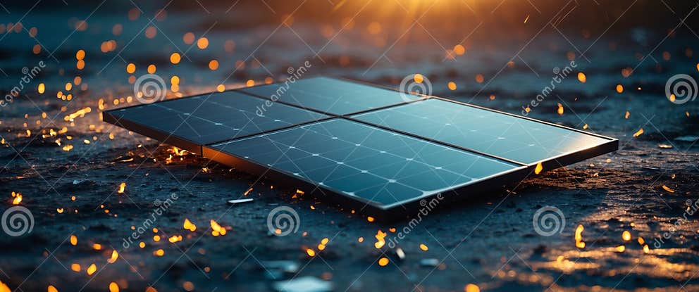 Solar Panel on Ground Featuring Sparks and Debris in Dramatic Lighting ...