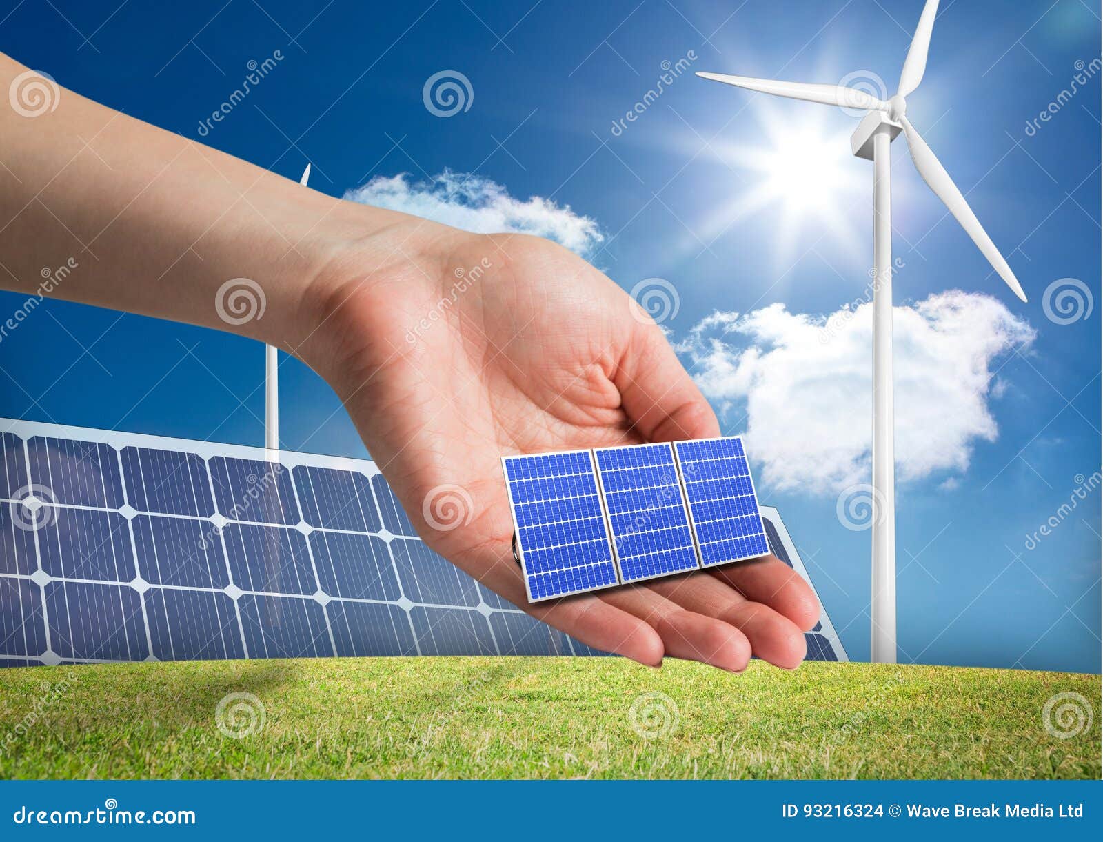 Solar Panel on Hand in Front of Different Devices To Renewable Energy ...