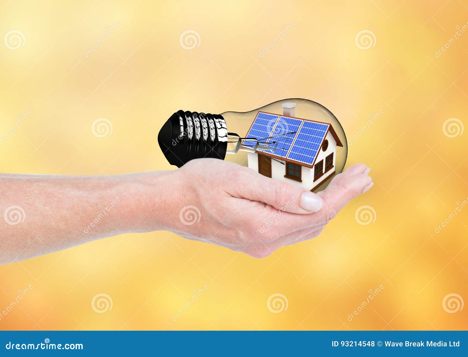 Solar Panel House Inside a Light on Hand. Orange/yellow Background ...