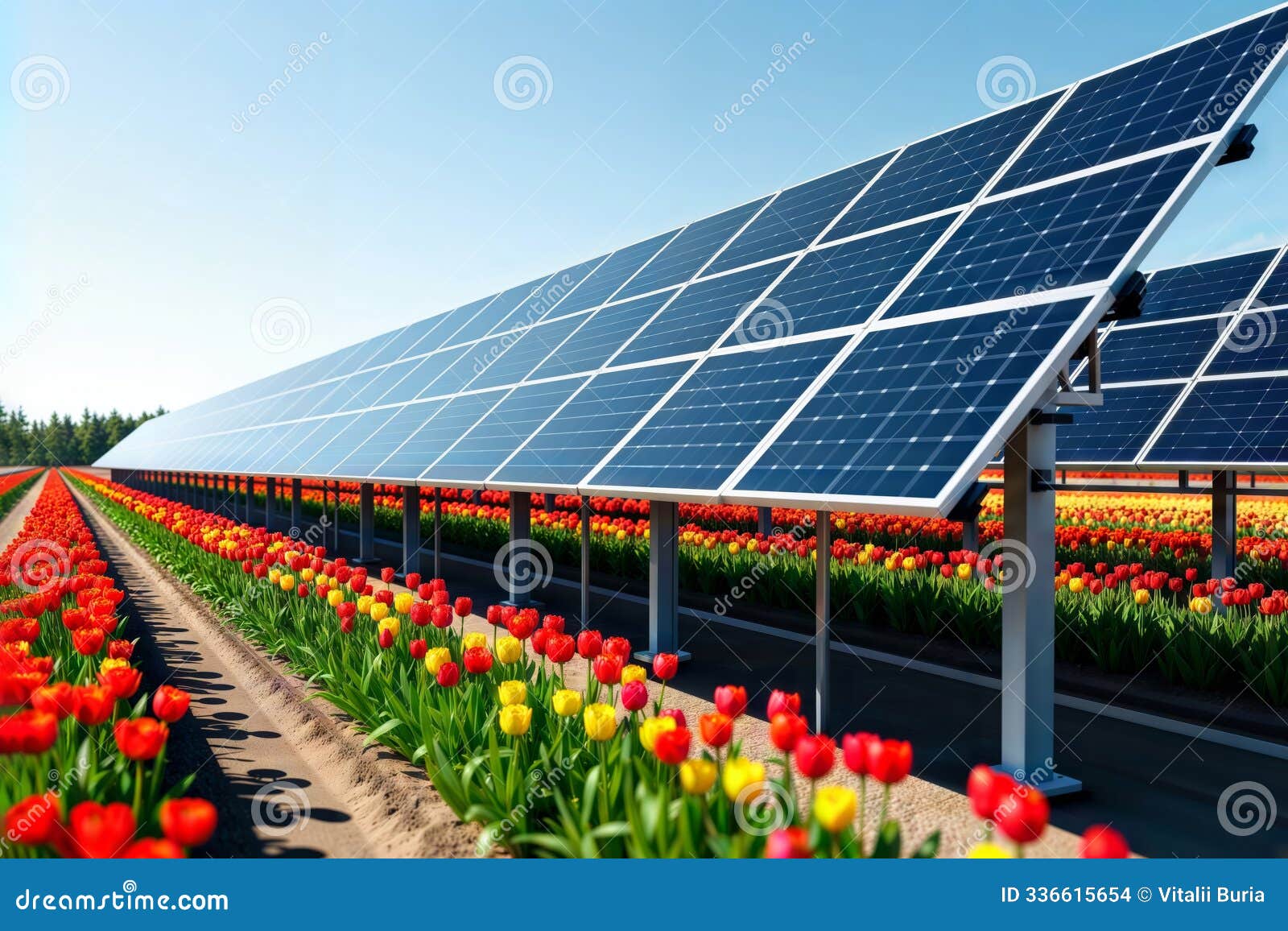 Expansive Solar Array Installed Over Red and Yellow Tulips, Generative ...