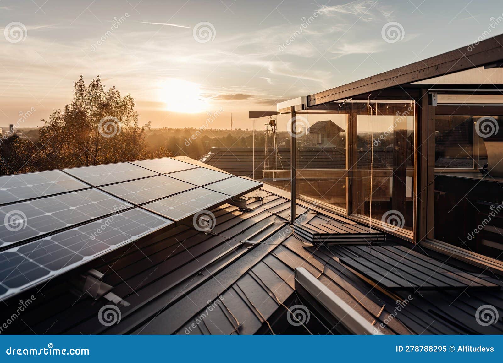 Solar Panel Installation on a Residential Rooftop, with the Sun Shining ...