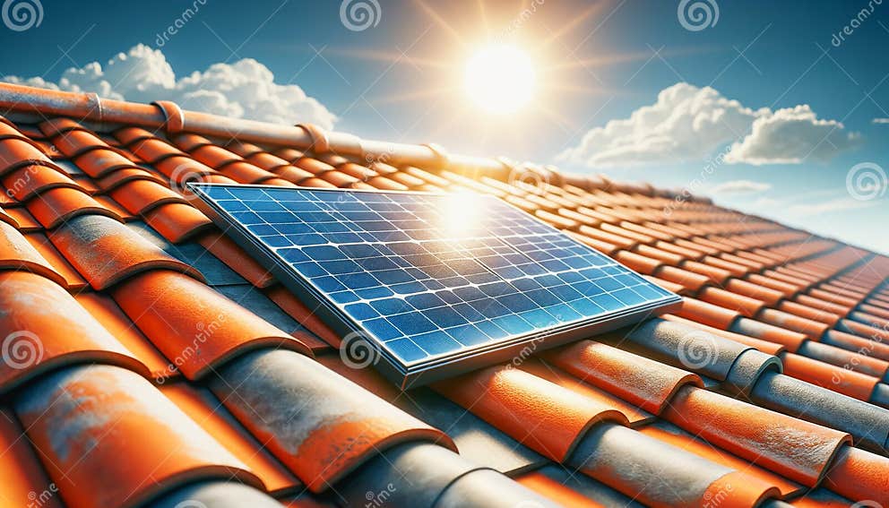 Solar Panel Installed on a Red Tiled Roof Under the Bright Sun Stock ...