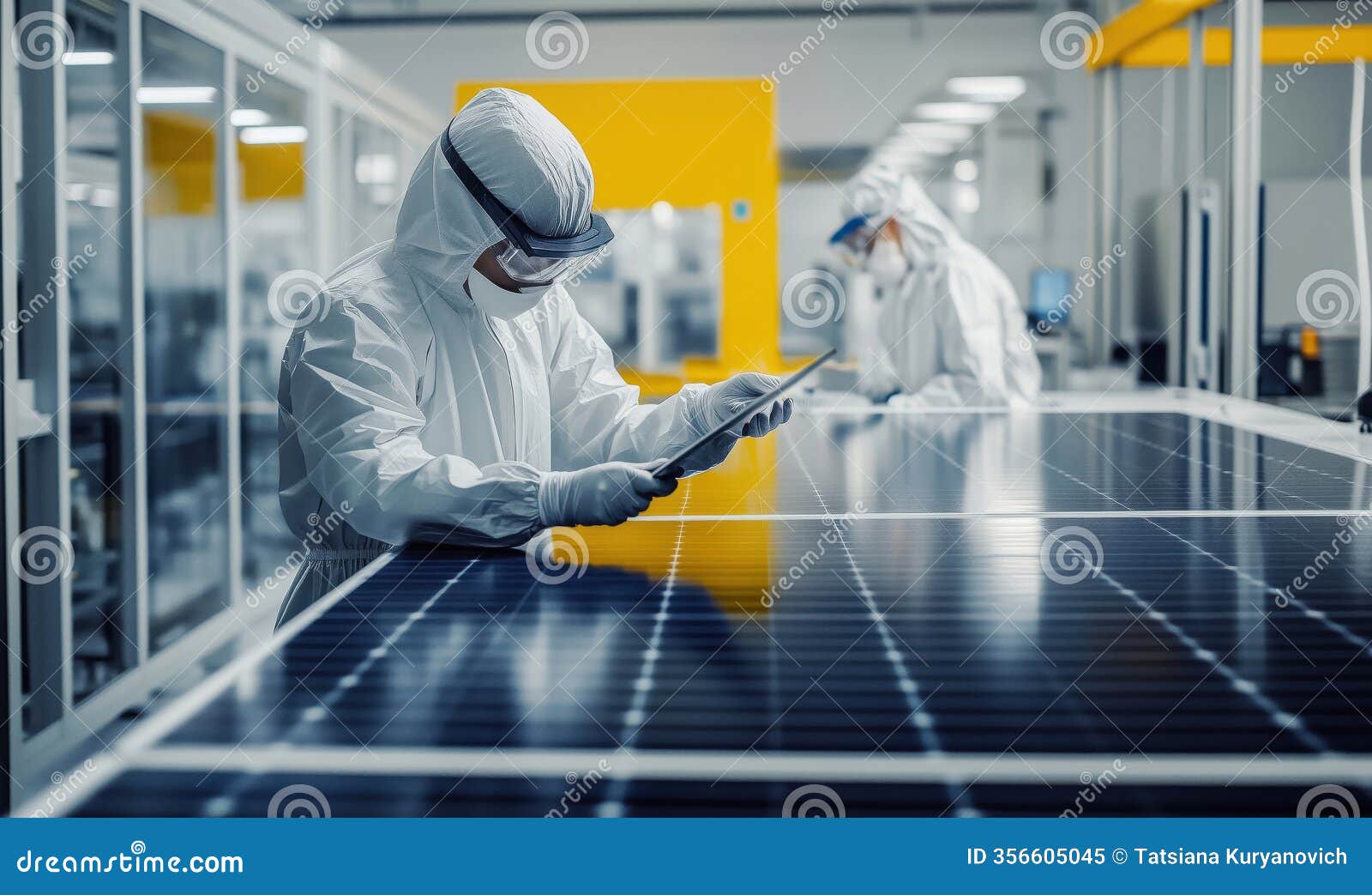 Solar Panel Manufacturing Process, Workers in Protective Gear ...