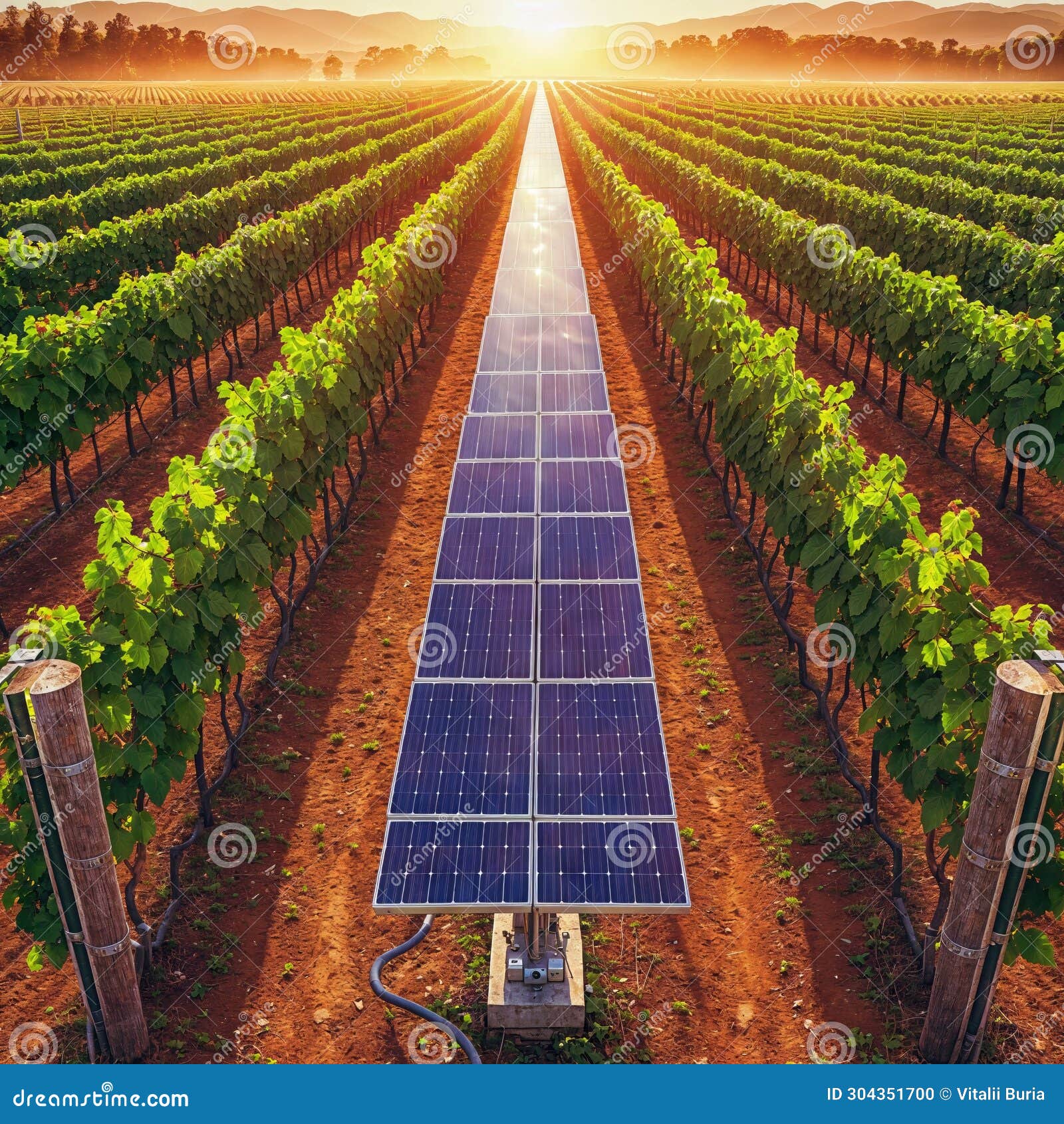 Vineyard Twilight: Solar Panel in a Vineyard with a Sunset Over the ...
