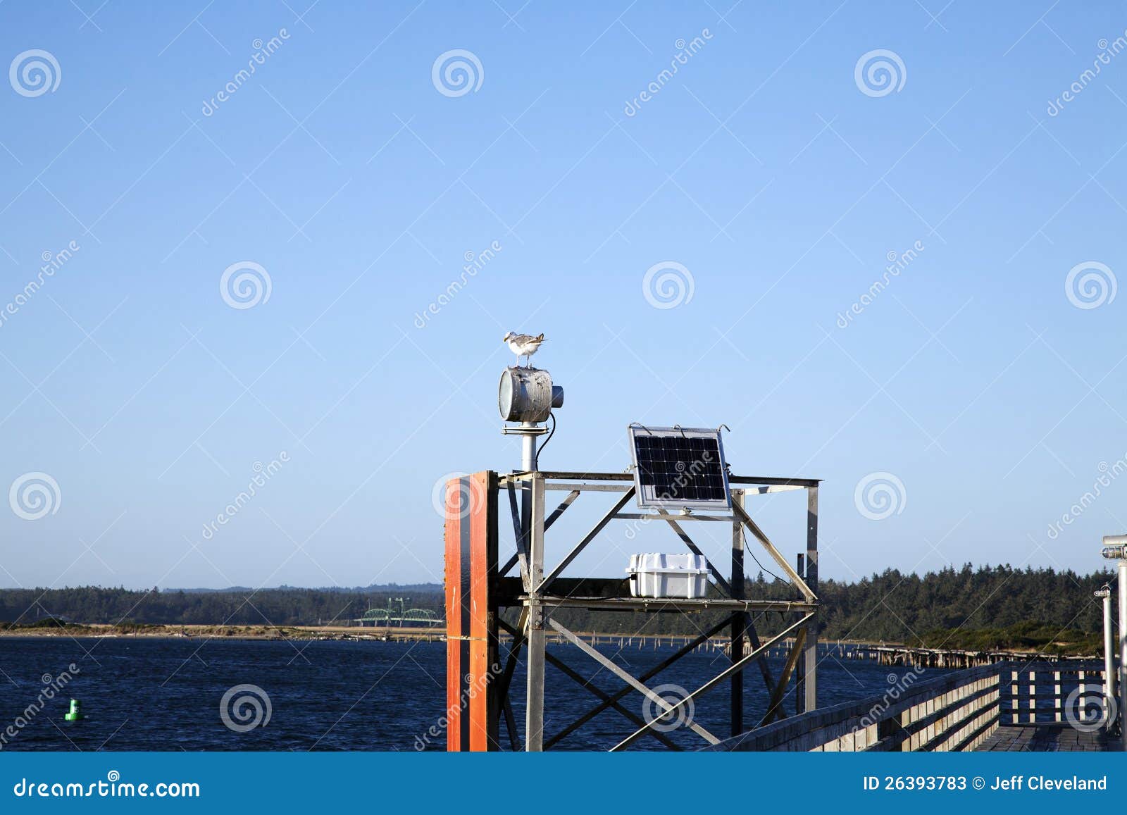 Solar Panel Navigational Aid Dock Seagull Blue Sky Stock Image - Image ...