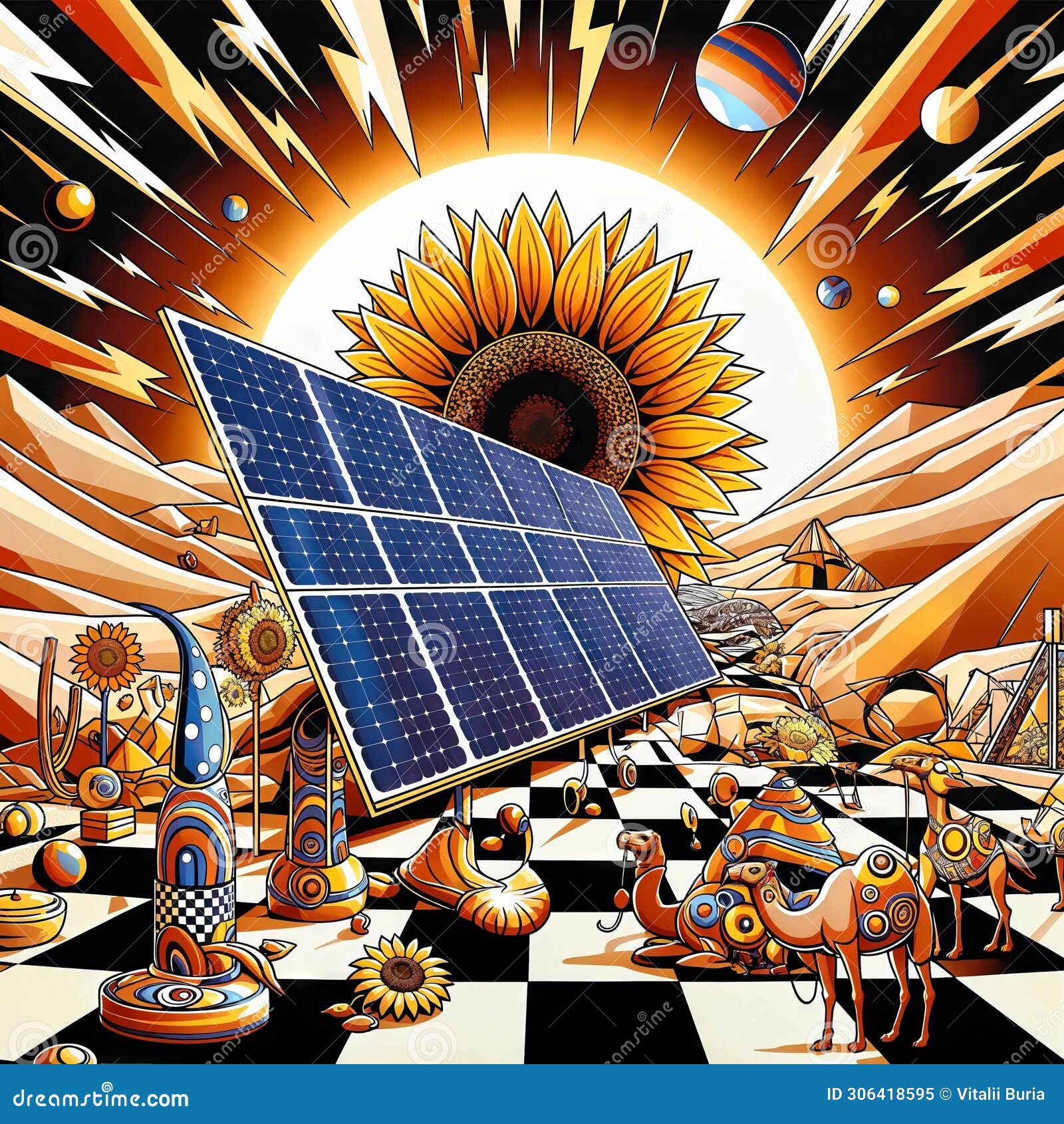 Solar Panel with Desert Scene and Rocket, Generative Ai Stock ...
