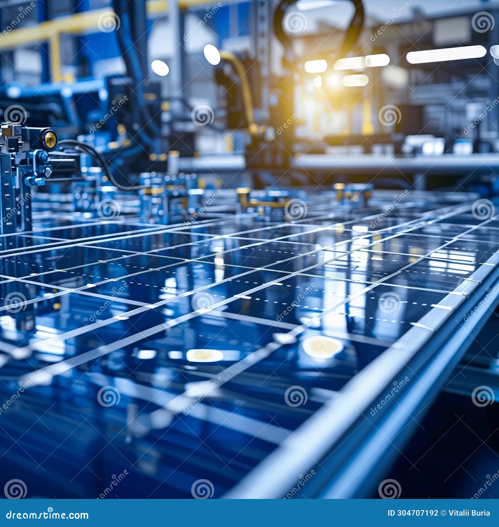 A Solar Panel Production Line Showcases a Blue Panel on a Conveyor Belt ...