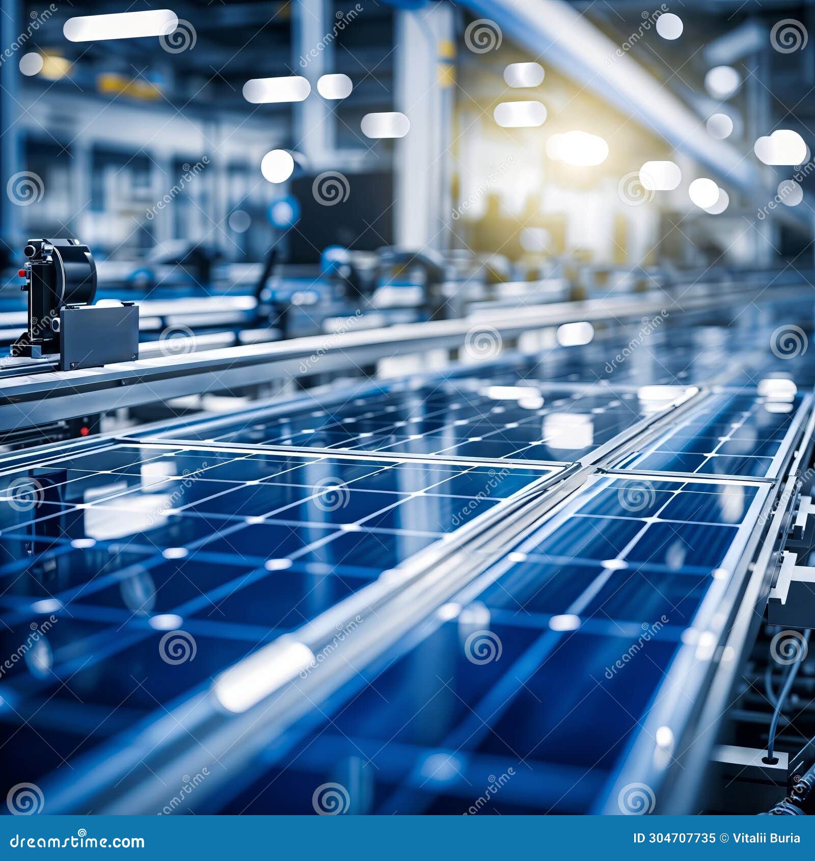 A Solar Panel Production Line Displays a Blue-tinted Manufacturing ...