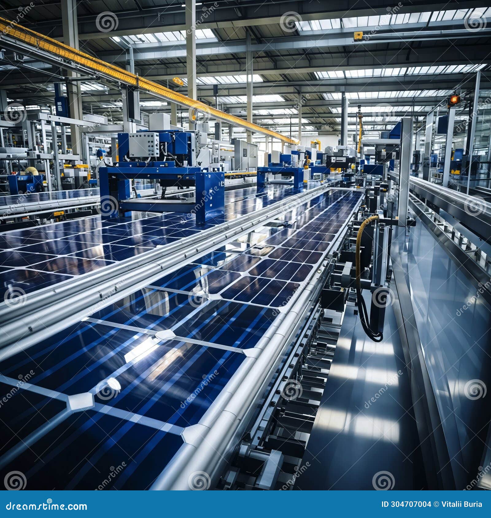 Shiny Blue Solar Panels Progress Along a Solar Panel Production Line ...