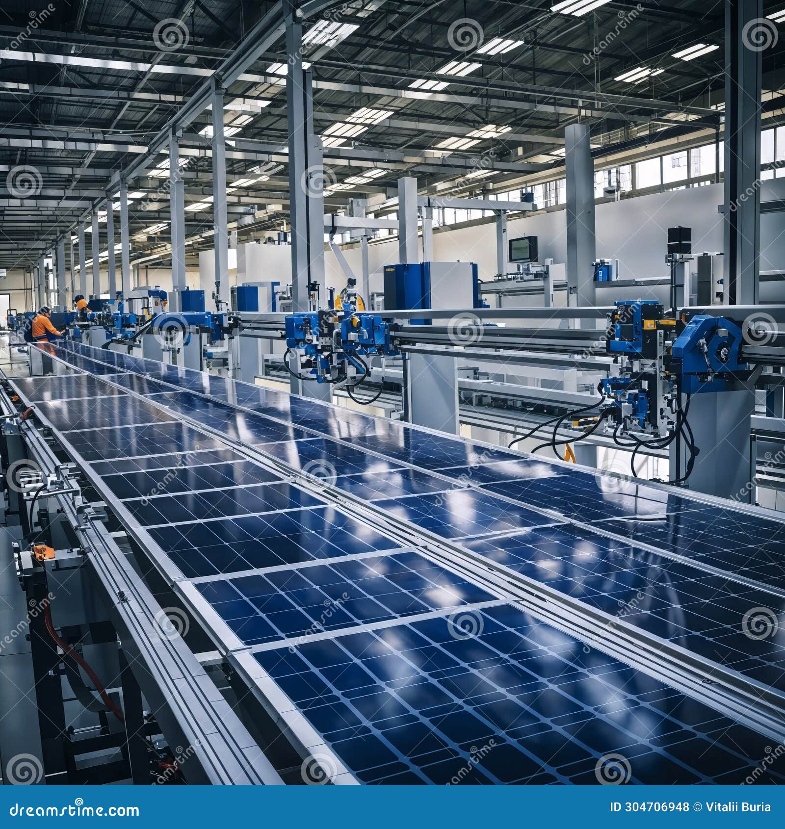 Shiny Solar Panels Move Along a Production Line with Surrounding ...