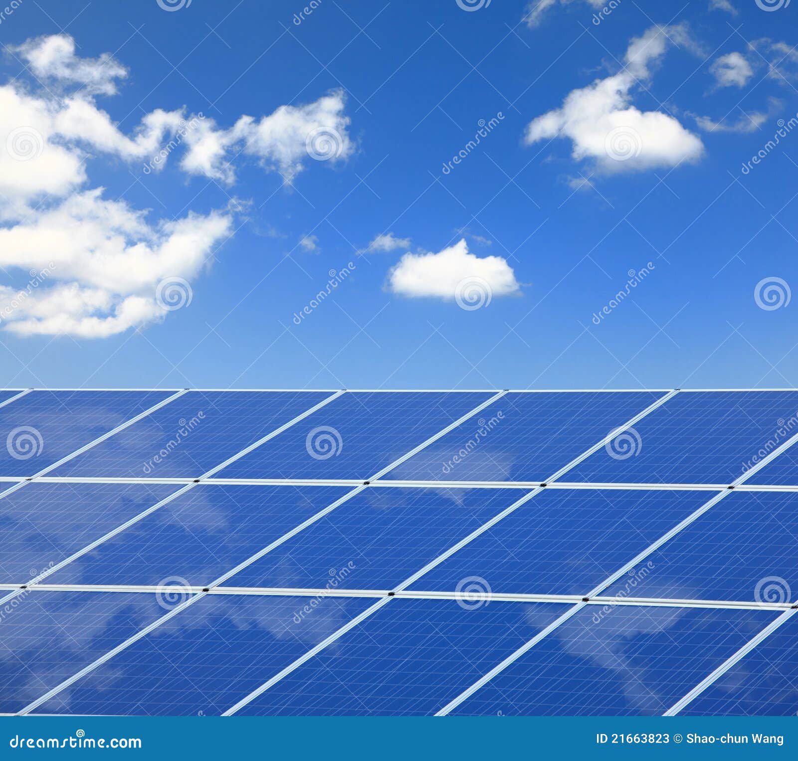 Solar Panel with Reflection of Blue Sky and White Stock Image - Image ...