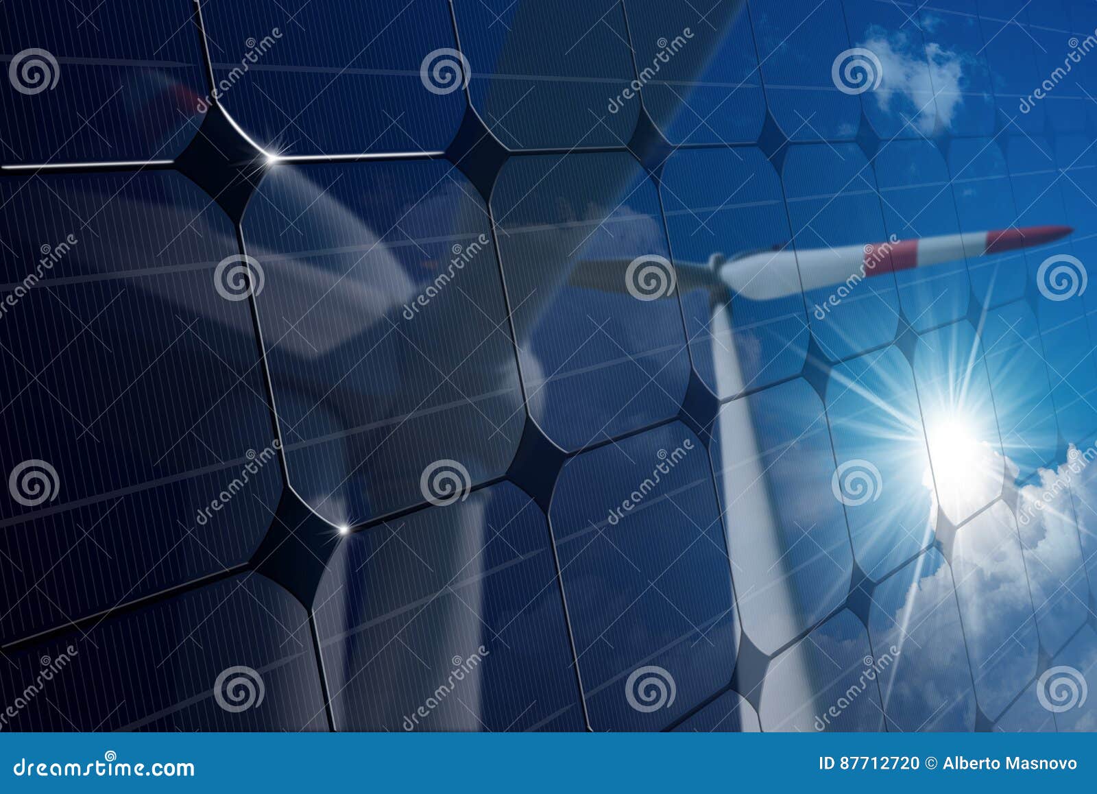 Solar Panel with Reflection of Wind Turbines Stock Photo - Image of ...