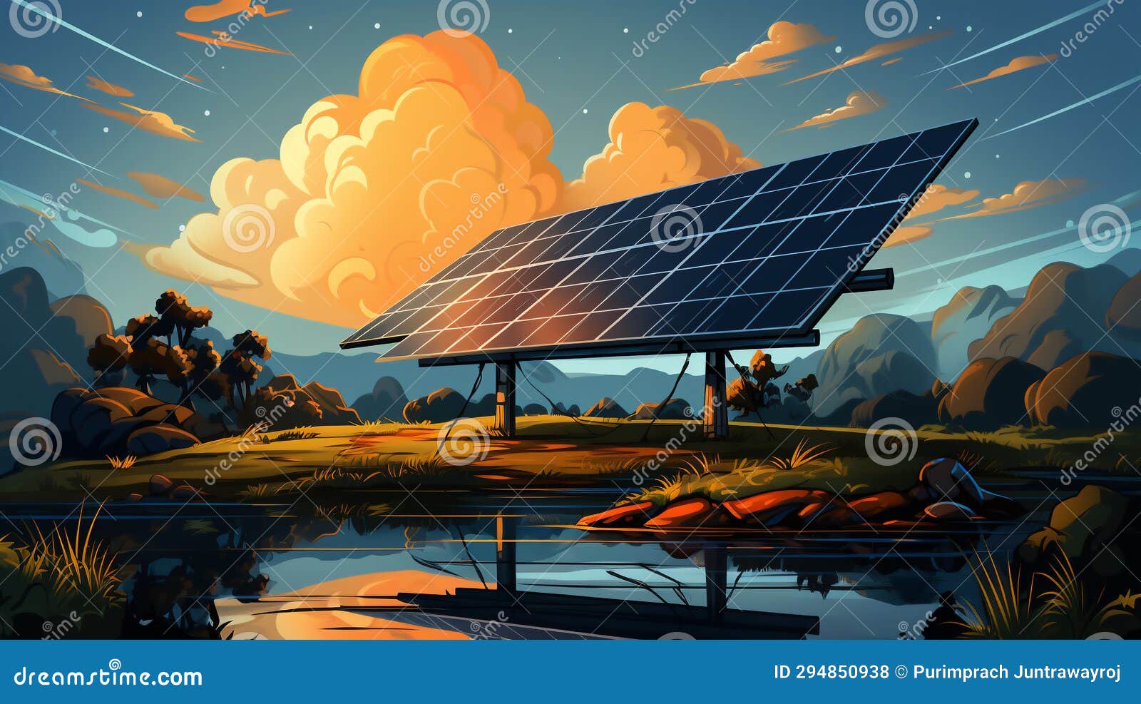Solar Panel on the River Illustration Generative Ai Stock Photo - Image ...