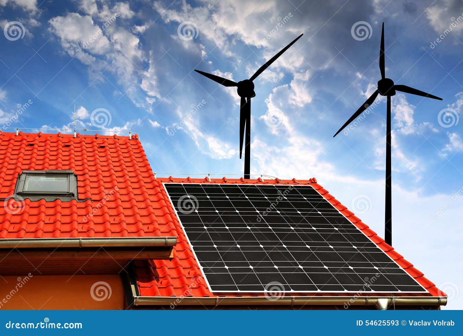 Solar Panel on the Roof of the House and Wind Turbines Stock Image ...