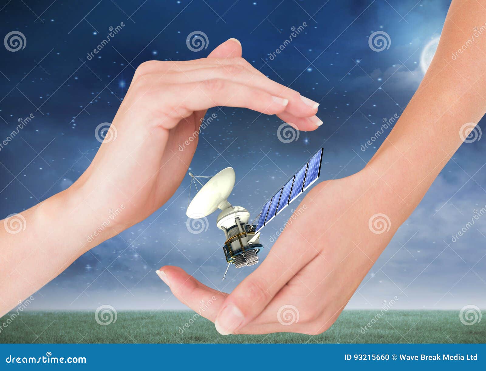 Solar Panel Satellite between Hands at Night Stock Photo - Image of ...