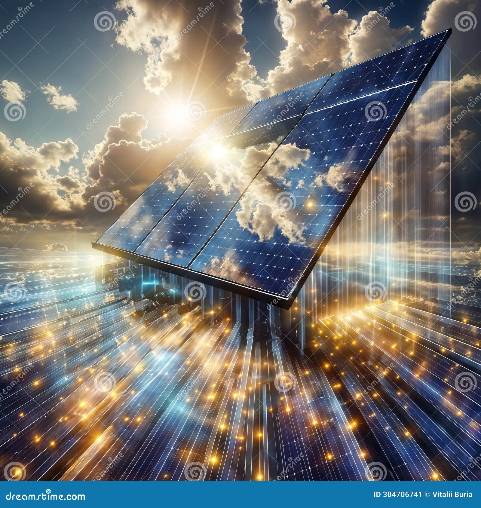 A Solar Panel Emits Radiant Light Against a Backdrop of Sun and Clouds ...