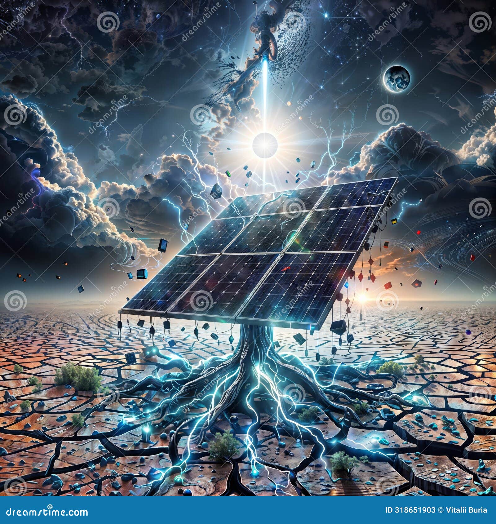 Solar Tree: Electricity & Lightning Storm, Generative Ai Stock ...