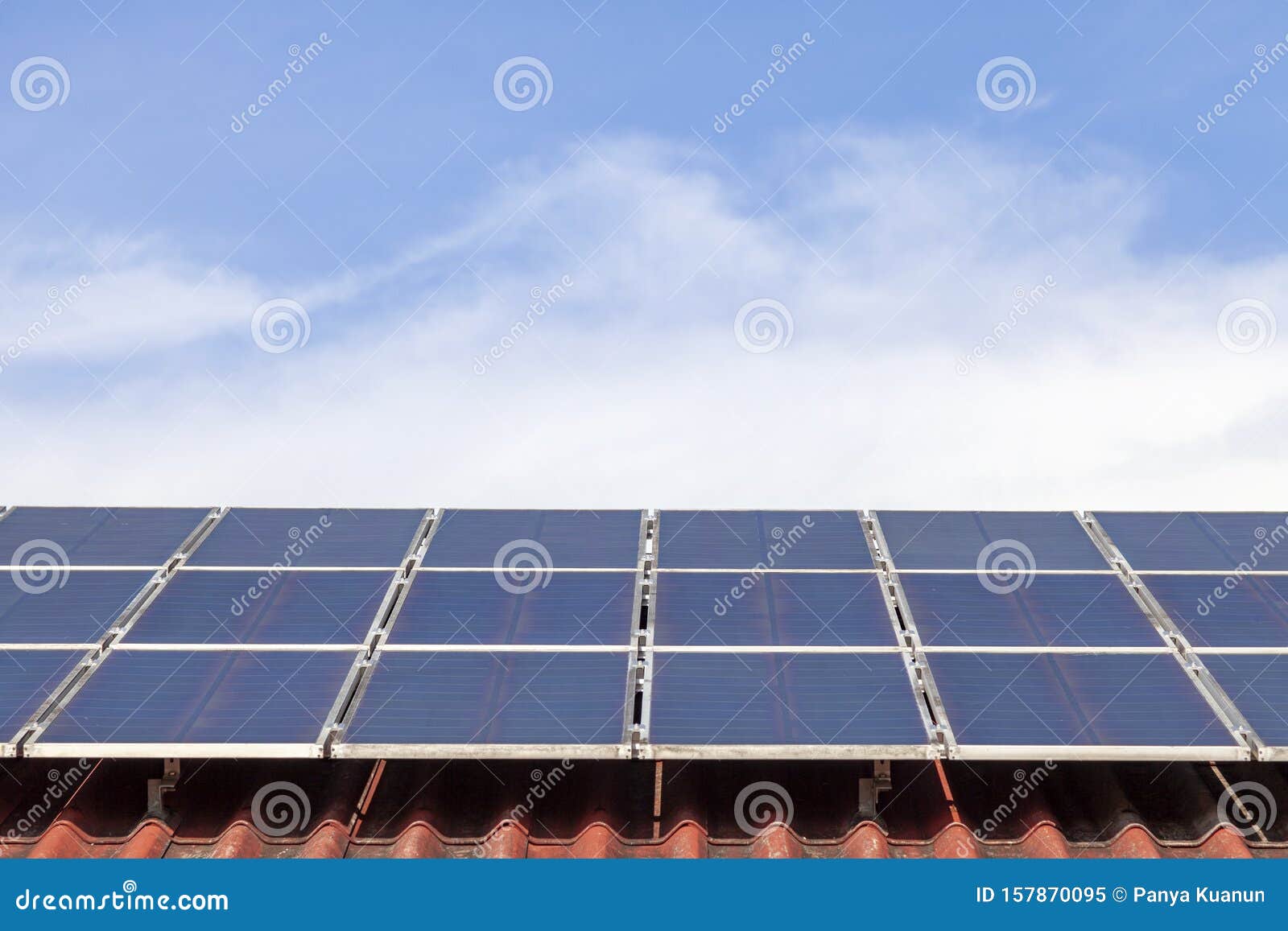 Solar Panel and Solar Energy Panel on Red Roof Blue Sky and Sunlight ...