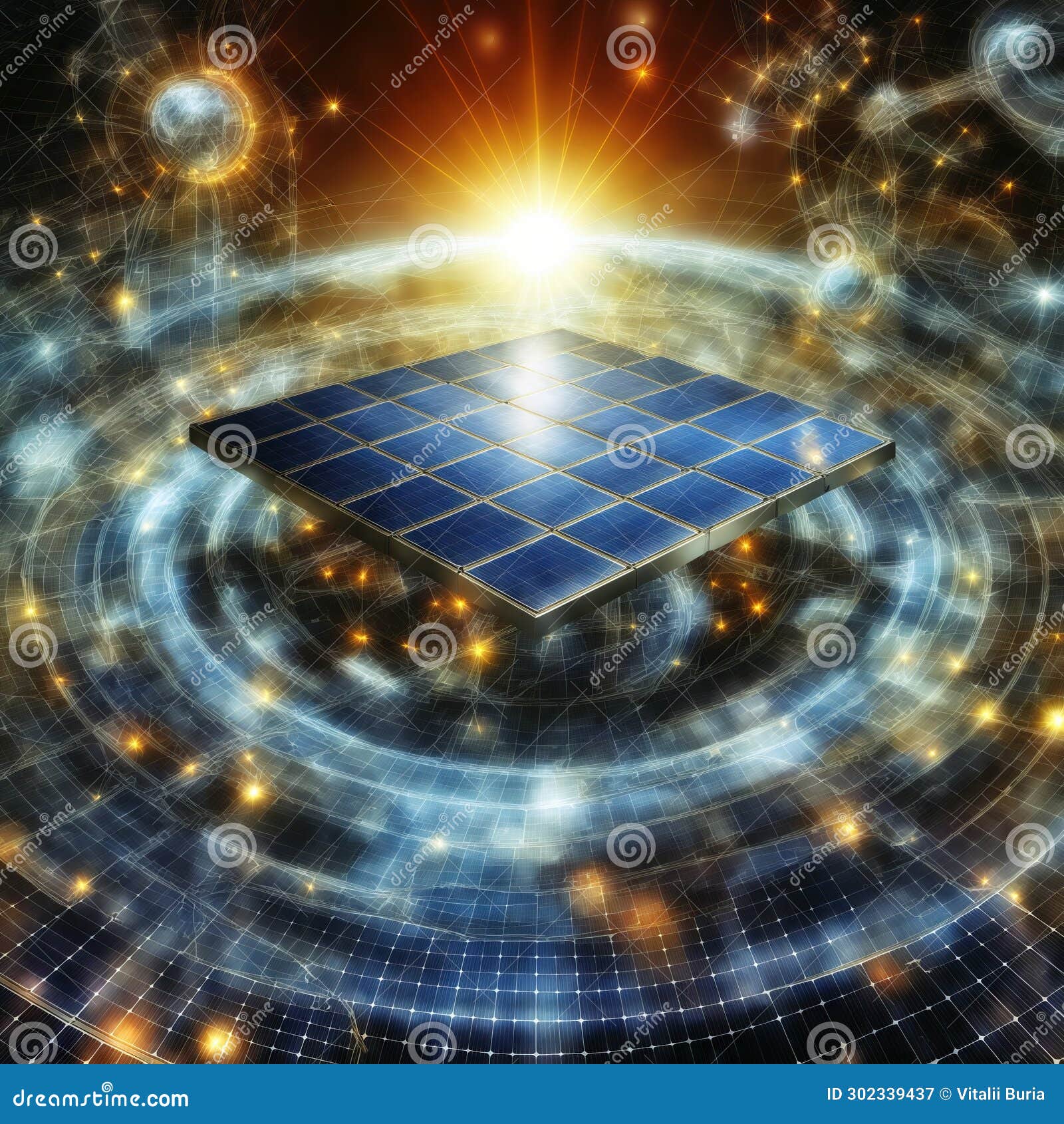 Solar Panel in Space with Rays of Light and Lens Flare Effect ...