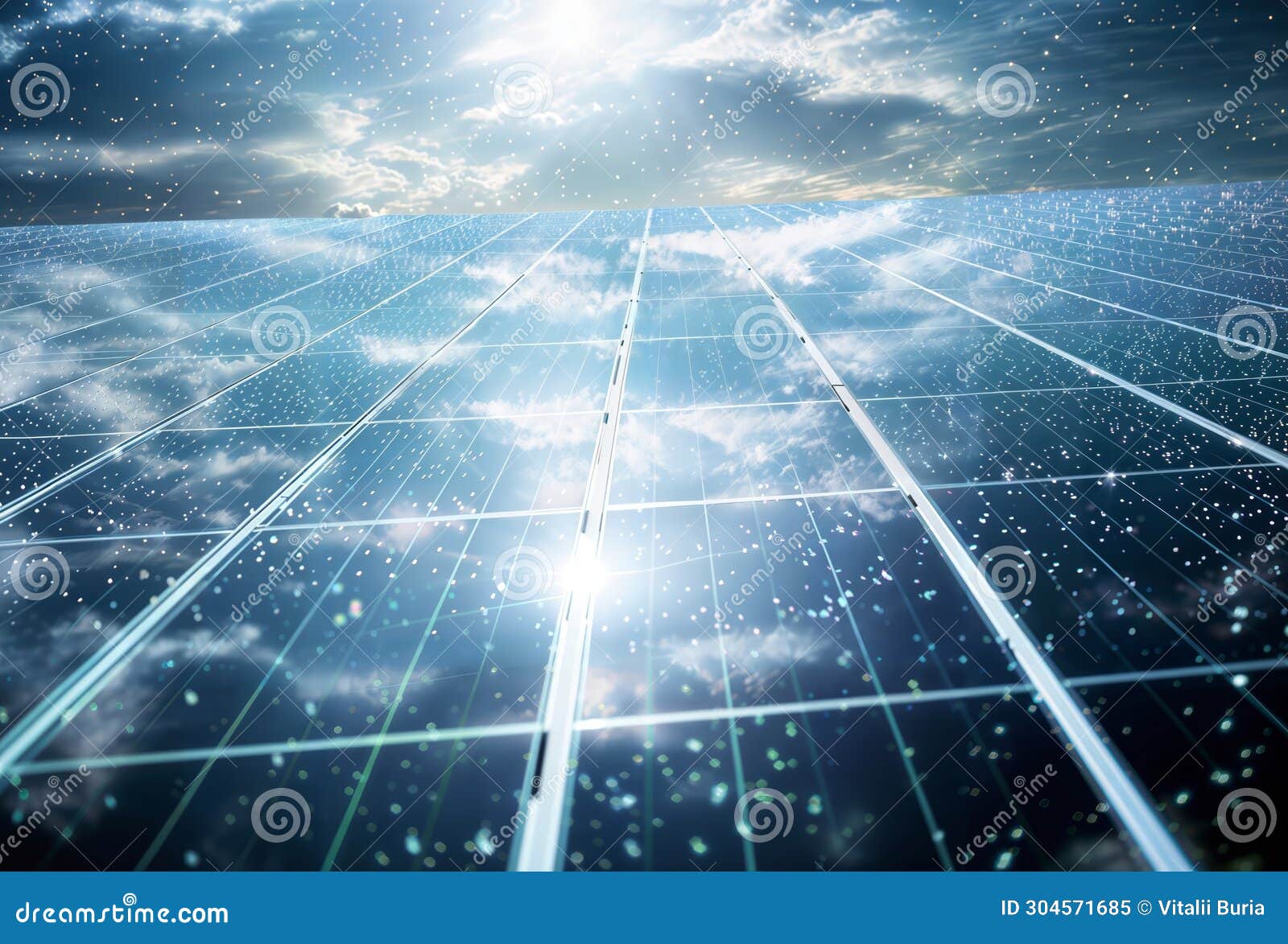 Solar Panel with Sun Rays and Clouds in the Sky. 3d Rendering ...