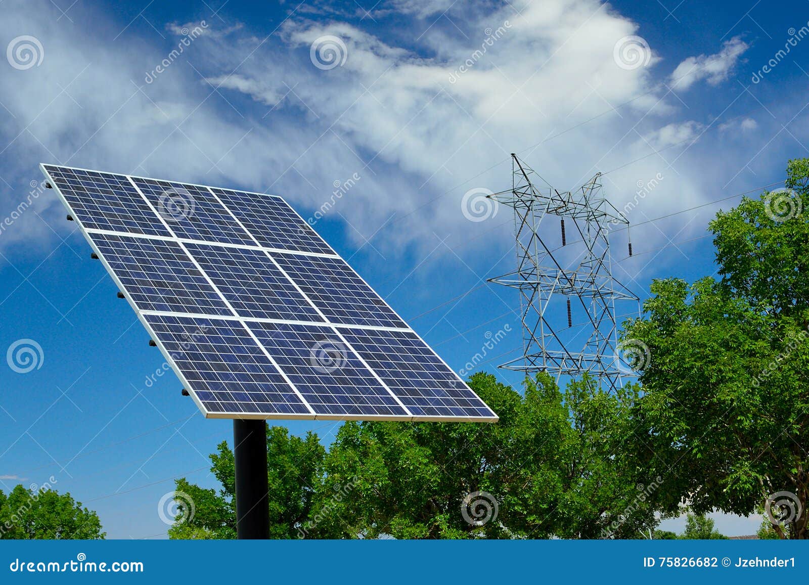 Solar Panel on a Sunny Day with High Tension Voltage Power Lines Stock ...
