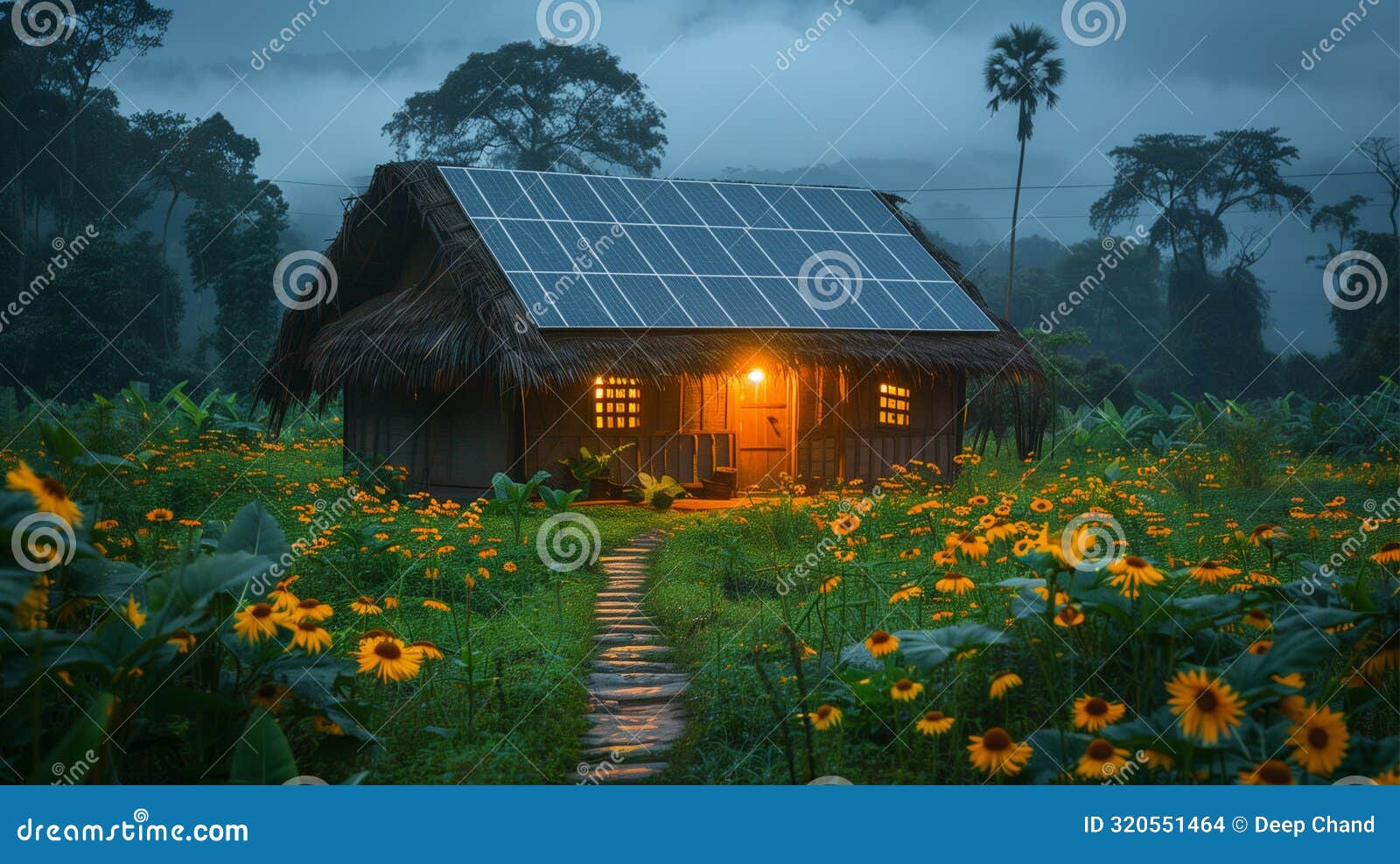 Solar Panel on Top of Hut in Village Stock Illustration - Illustration ...