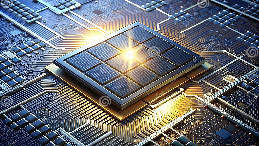 A Solar Panel Transforms into a Microchip on a Motherboard Representing ...